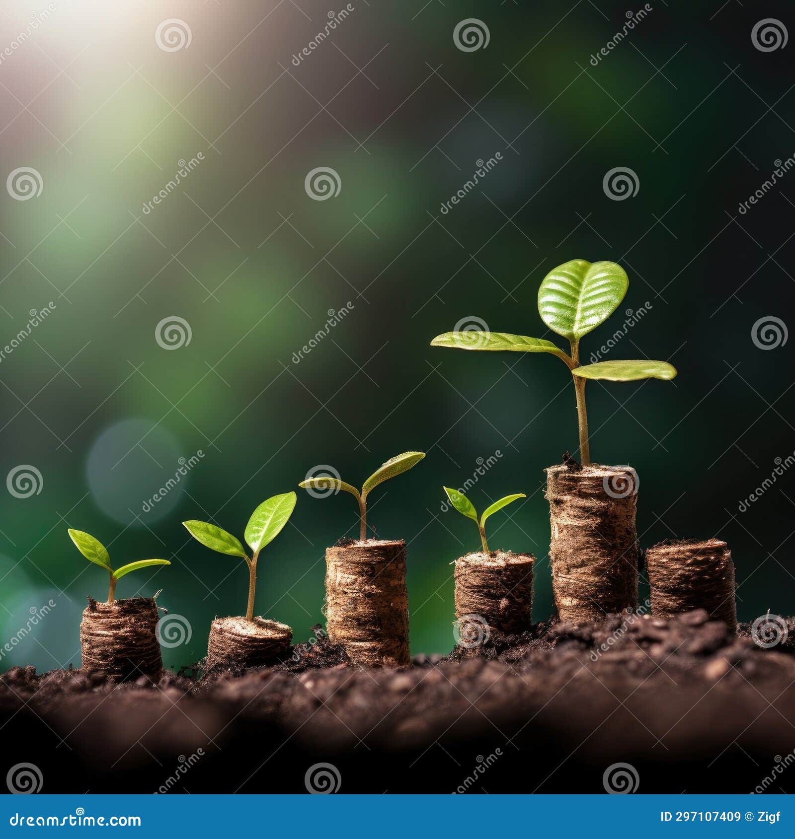 Group of Small Plants Growing from Soil on a Green Background Stock ...