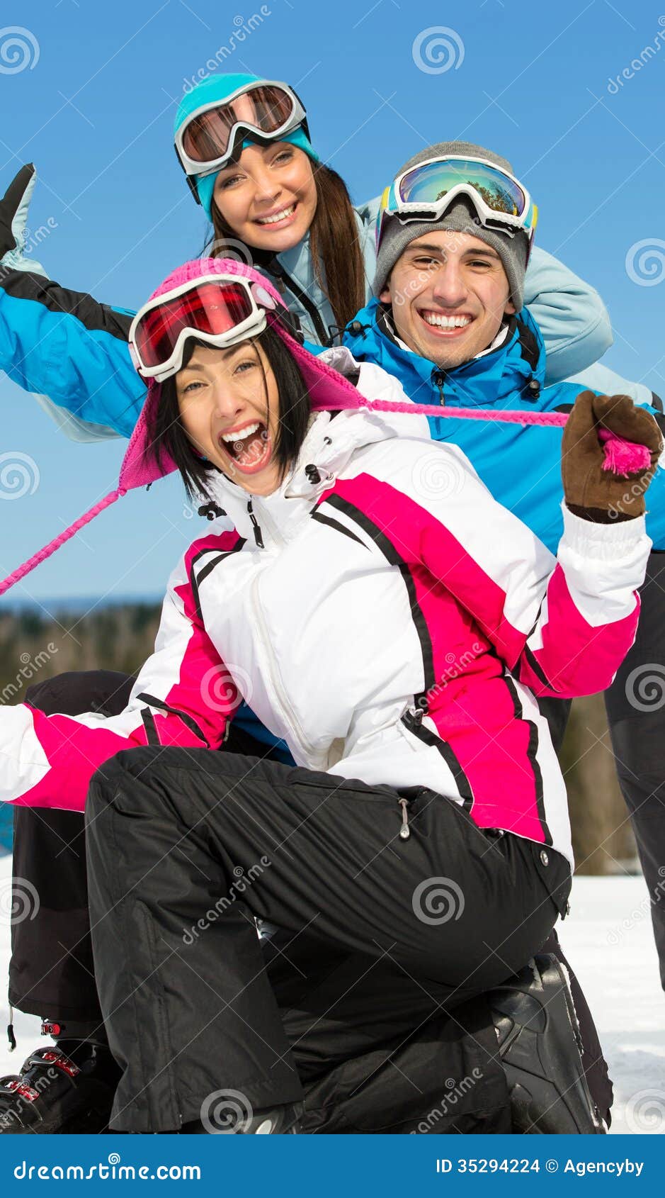 Group of Smiley Skier Friends Stock Photo - Image of laughing, brown ...