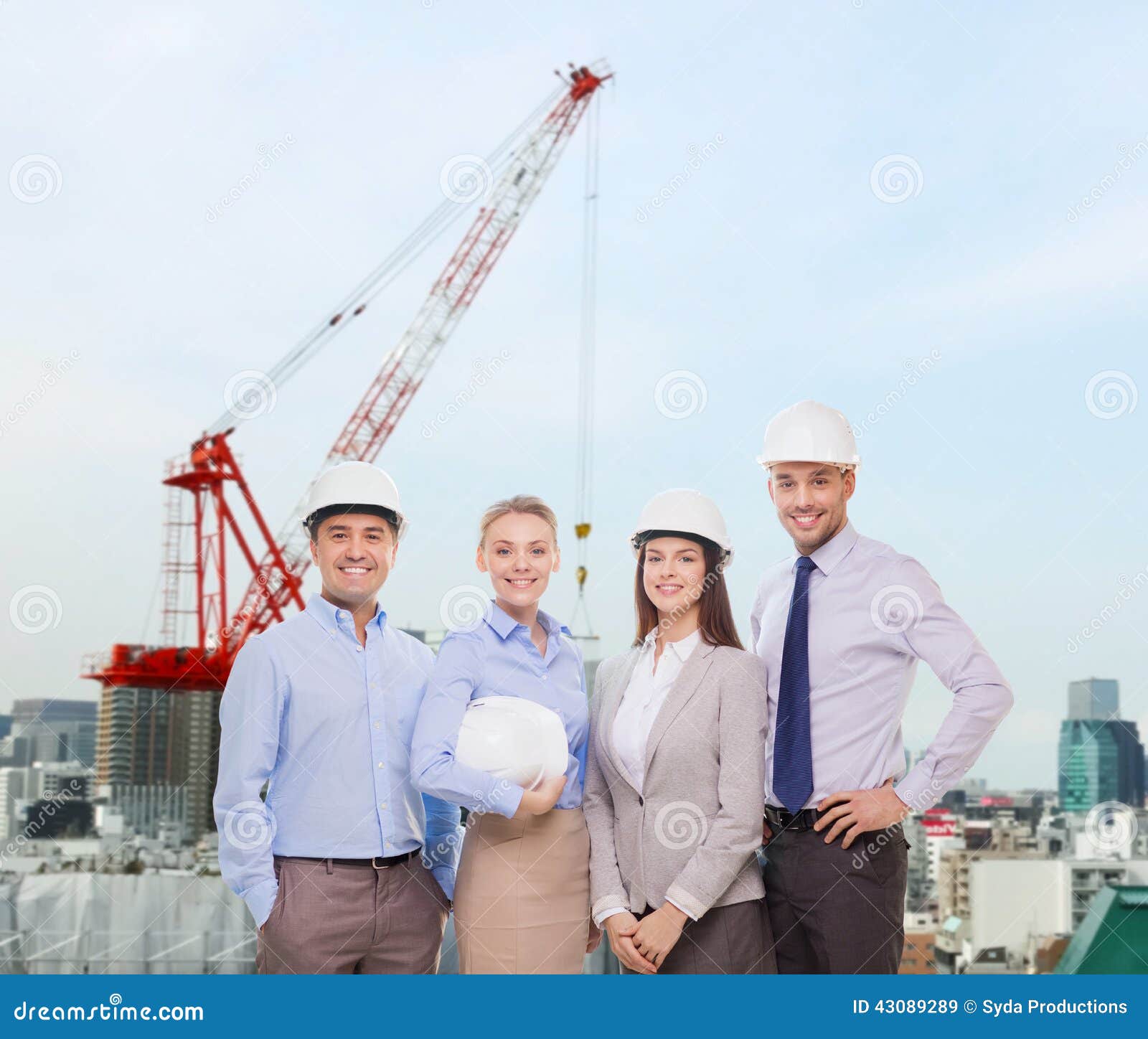 Group of Smiling Businessmen in White Helmets Stock Image - Image of ...