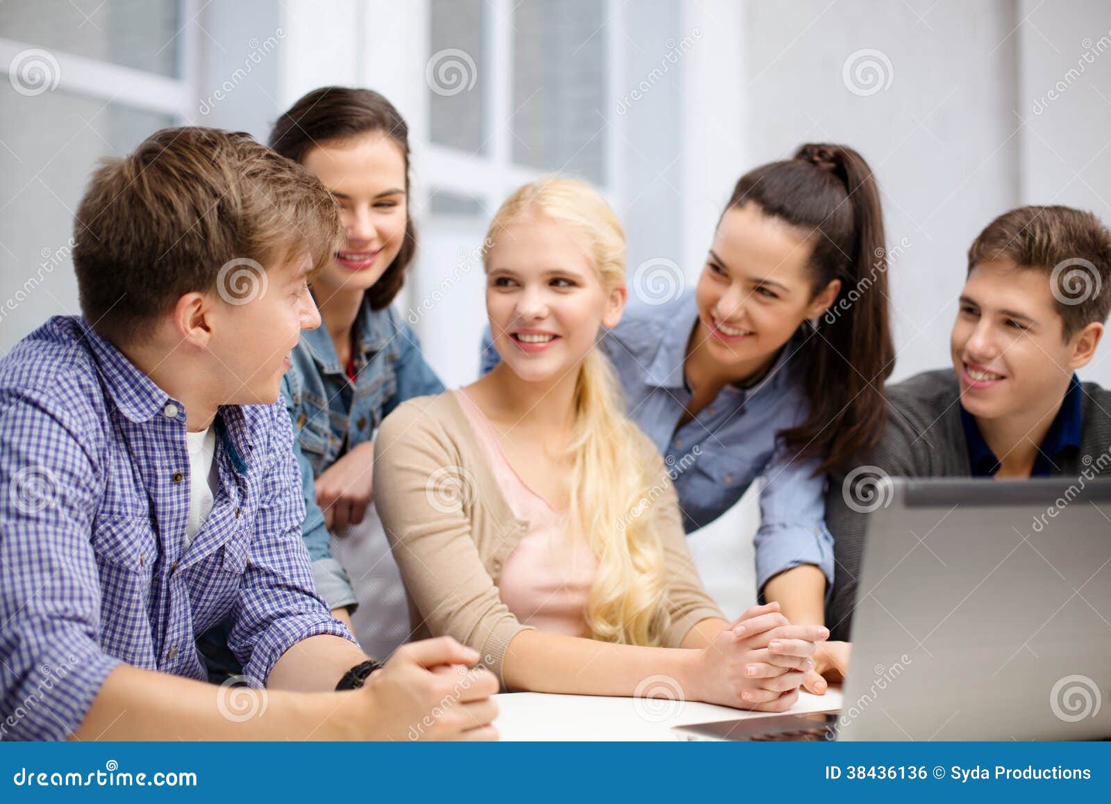 Group of Smiling Students with Laptop at School Stock Photo - Image of ...