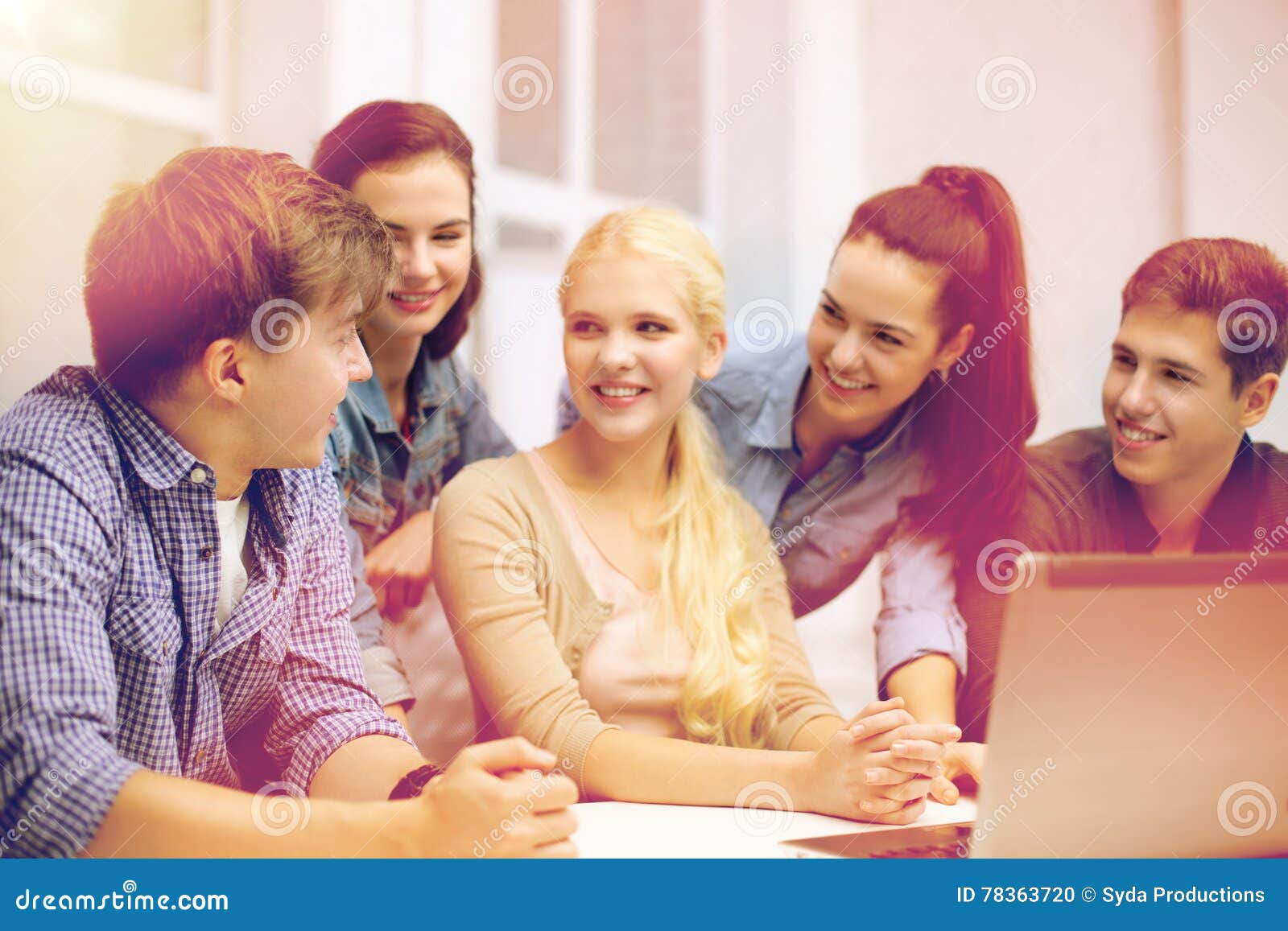 Group of Smiling Students with Laptop at School Stock Photo - Image of ...