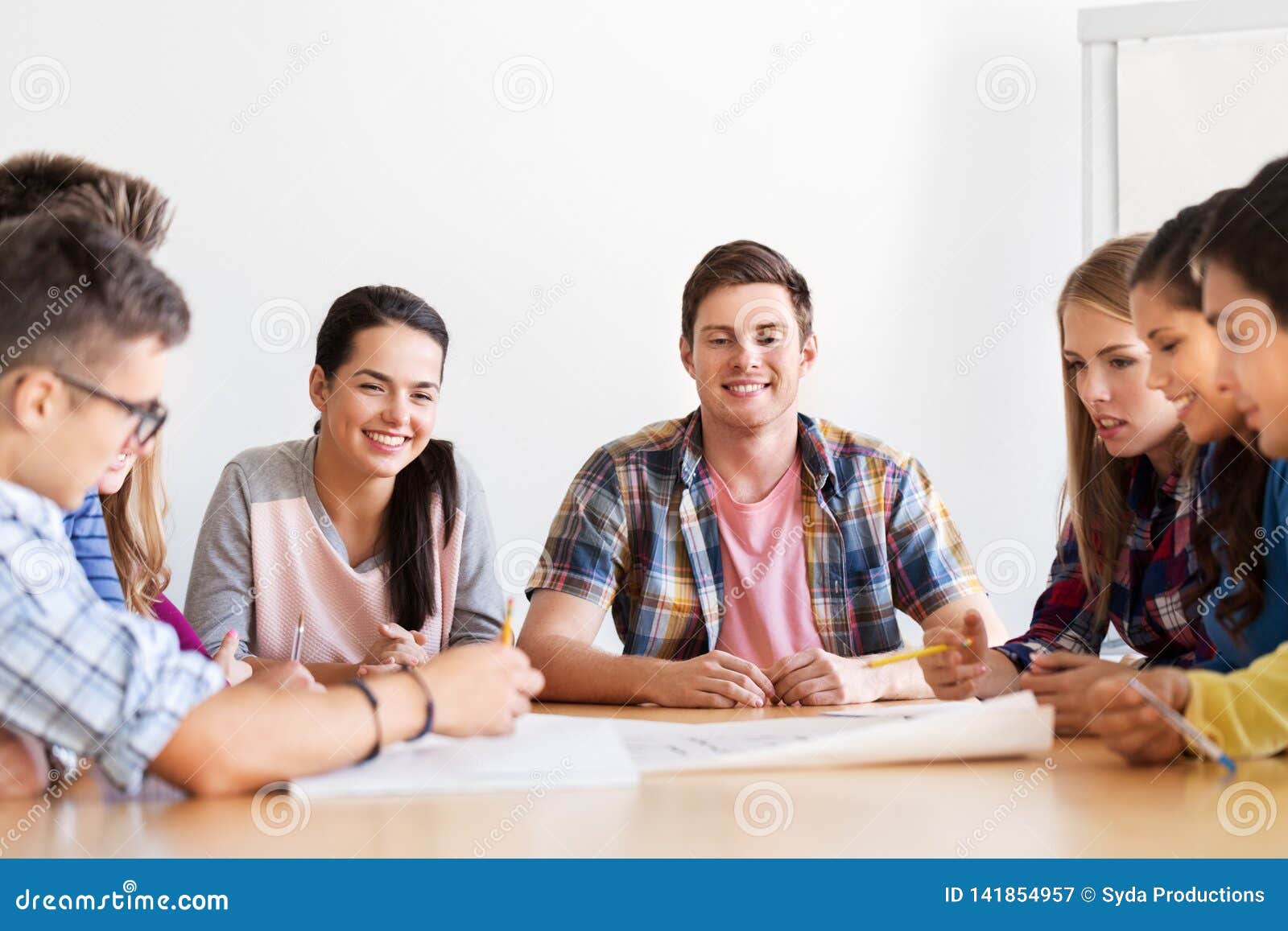 Group of Smiling Students Meeting at School Stock Image - Image of ...