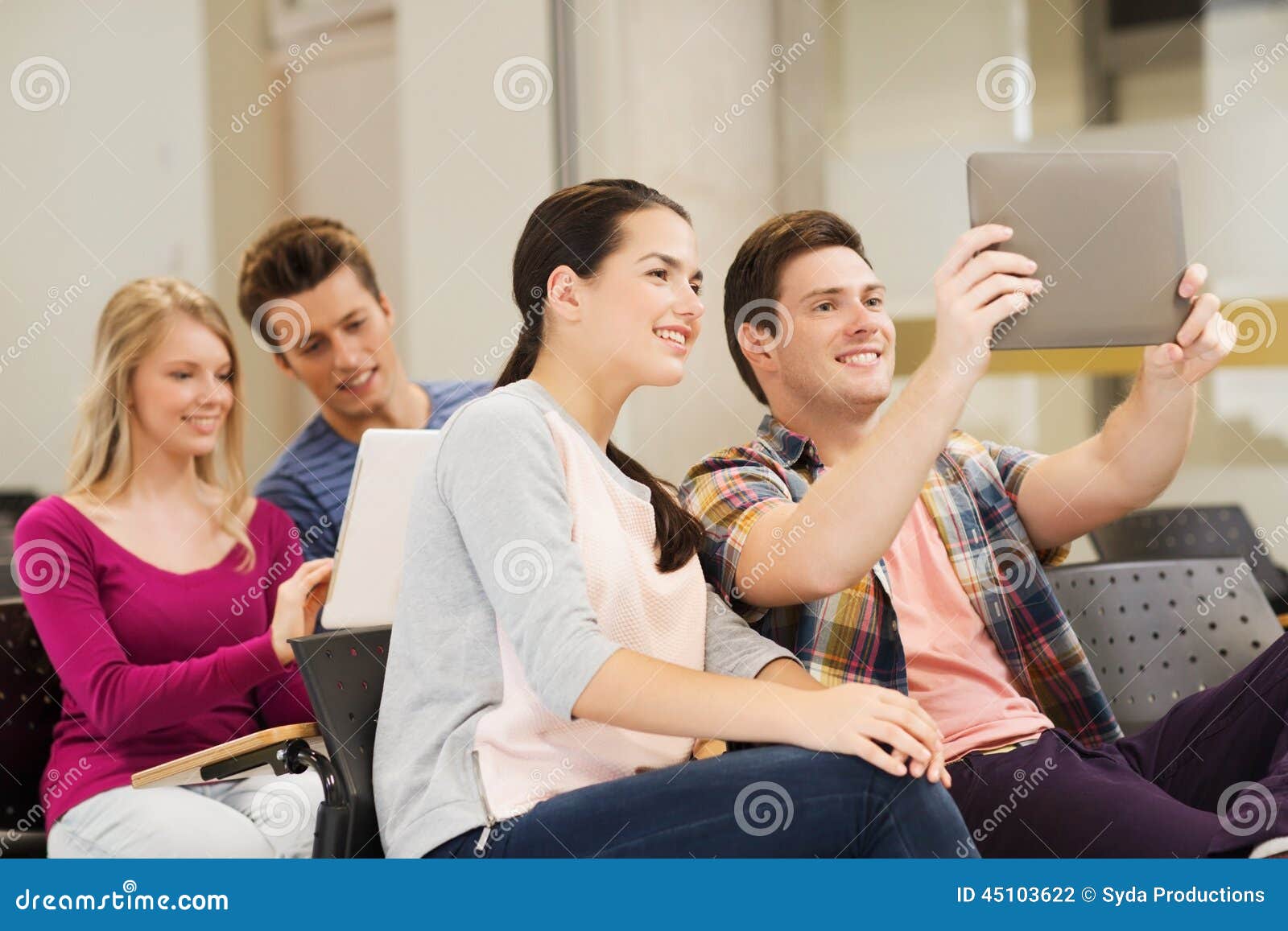 Group of Smiling Students with Tablet Pc Stock Photo - Image of self ...