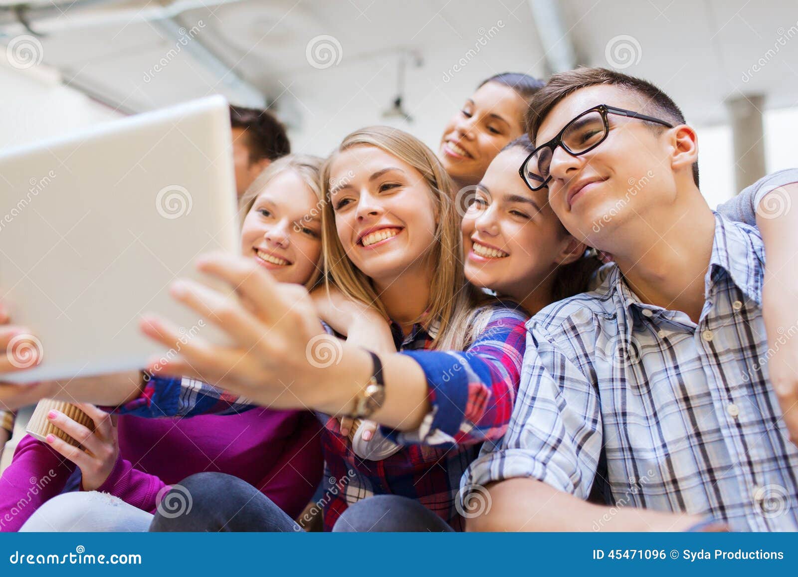 Group of Smiling Students with Tablet Pc Stock Photo - Image of self ...