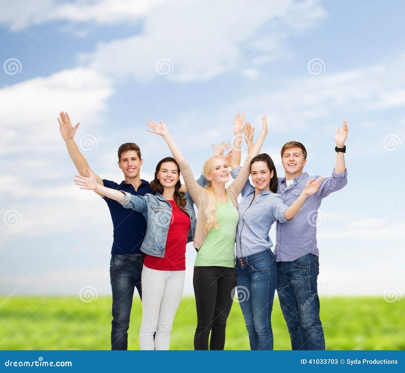 Group of Smiling Students Waving Hands Stock Image - Image of group ...