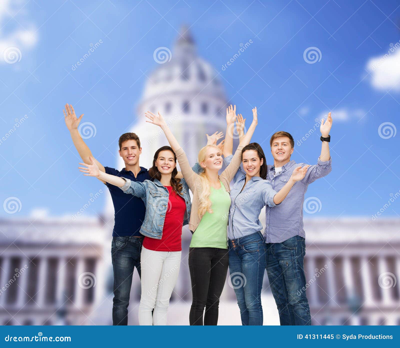 Group of Smiling Students Waving Hands Stock Image - Image of happy ...