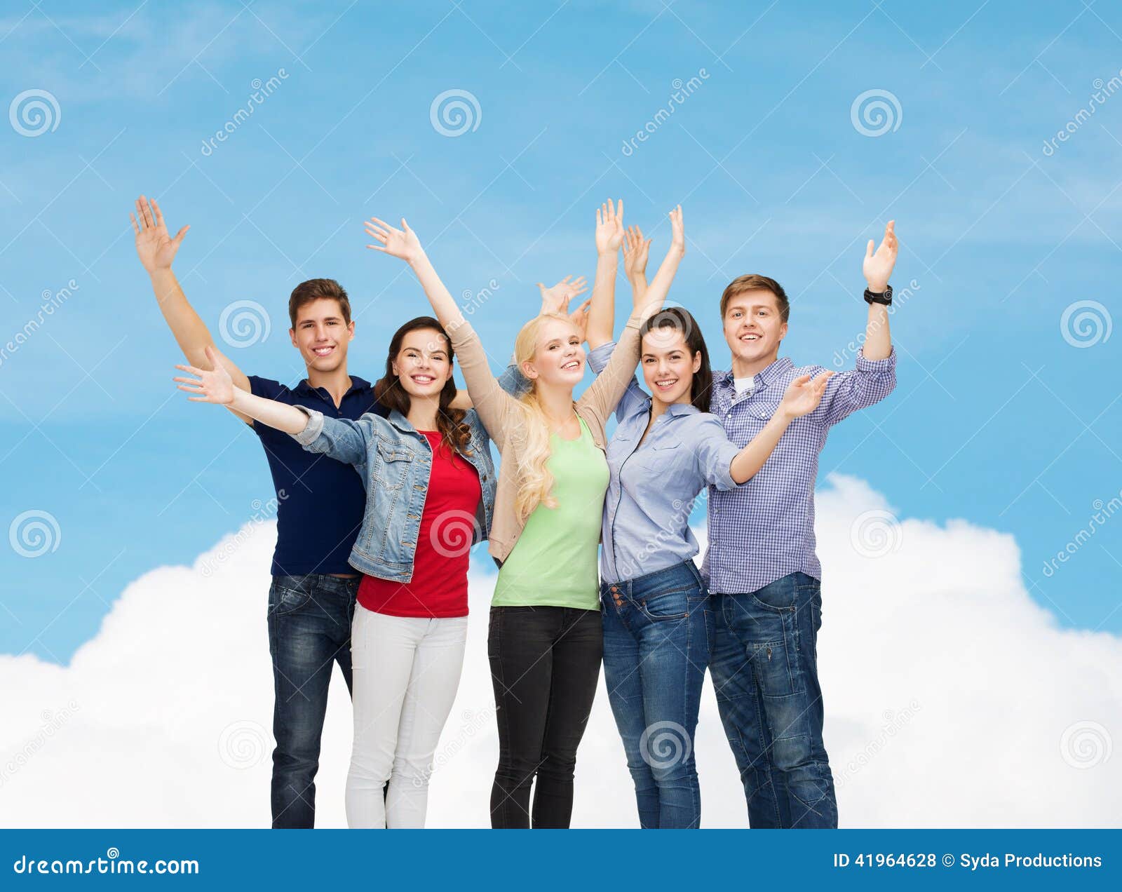 Group of Smiling Students Waving Hands Stock Photo - Image of cloud ...