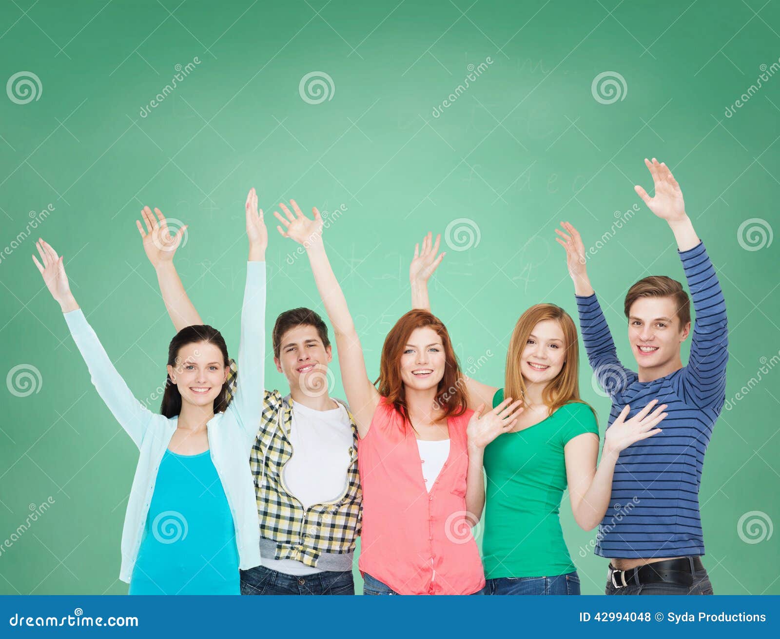 Group of Smiling Students Waving Hands Stock Photo - Image of friendly ...
