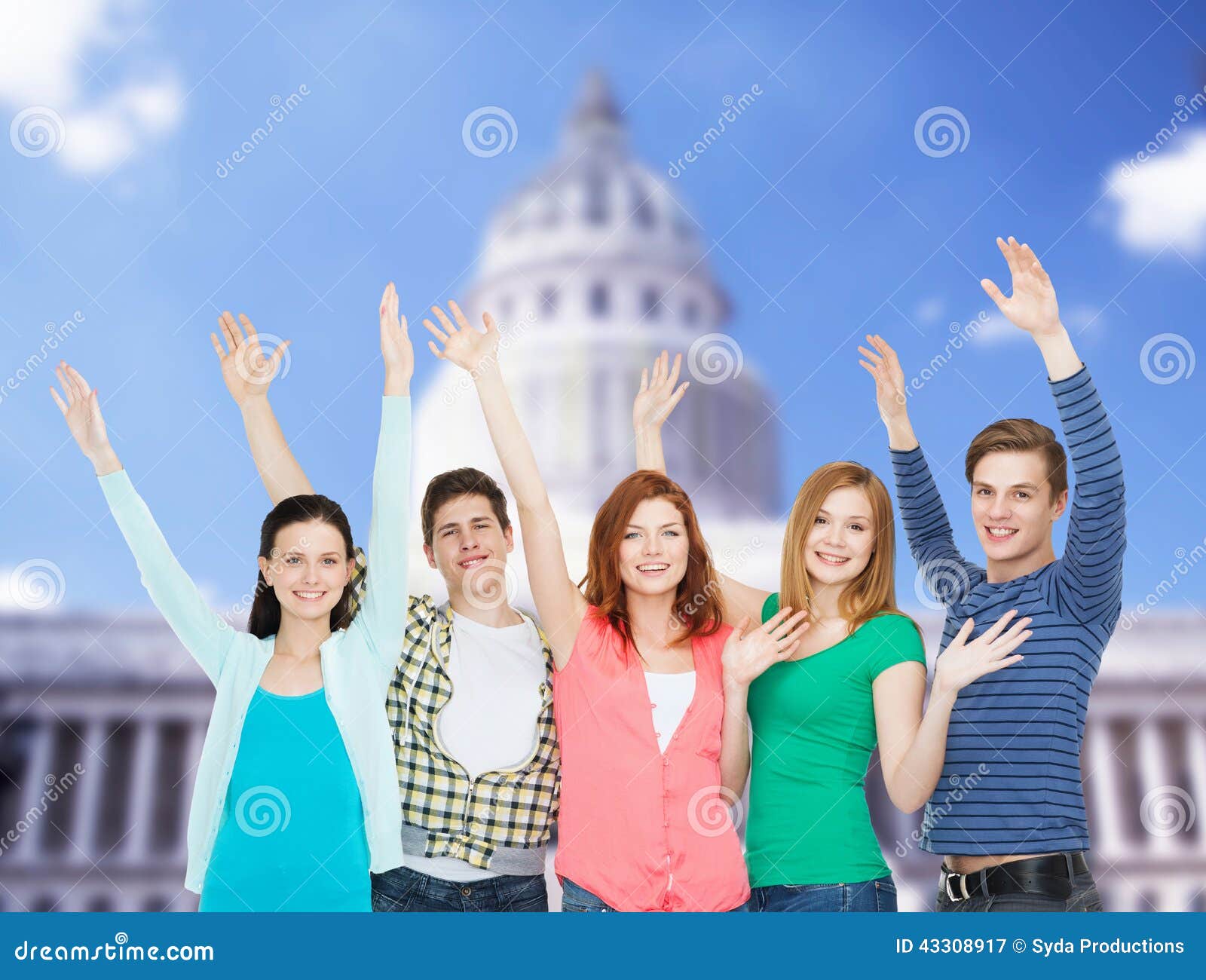 Group of Smiling Students Waving Hands Stock Image - Image of congress ...