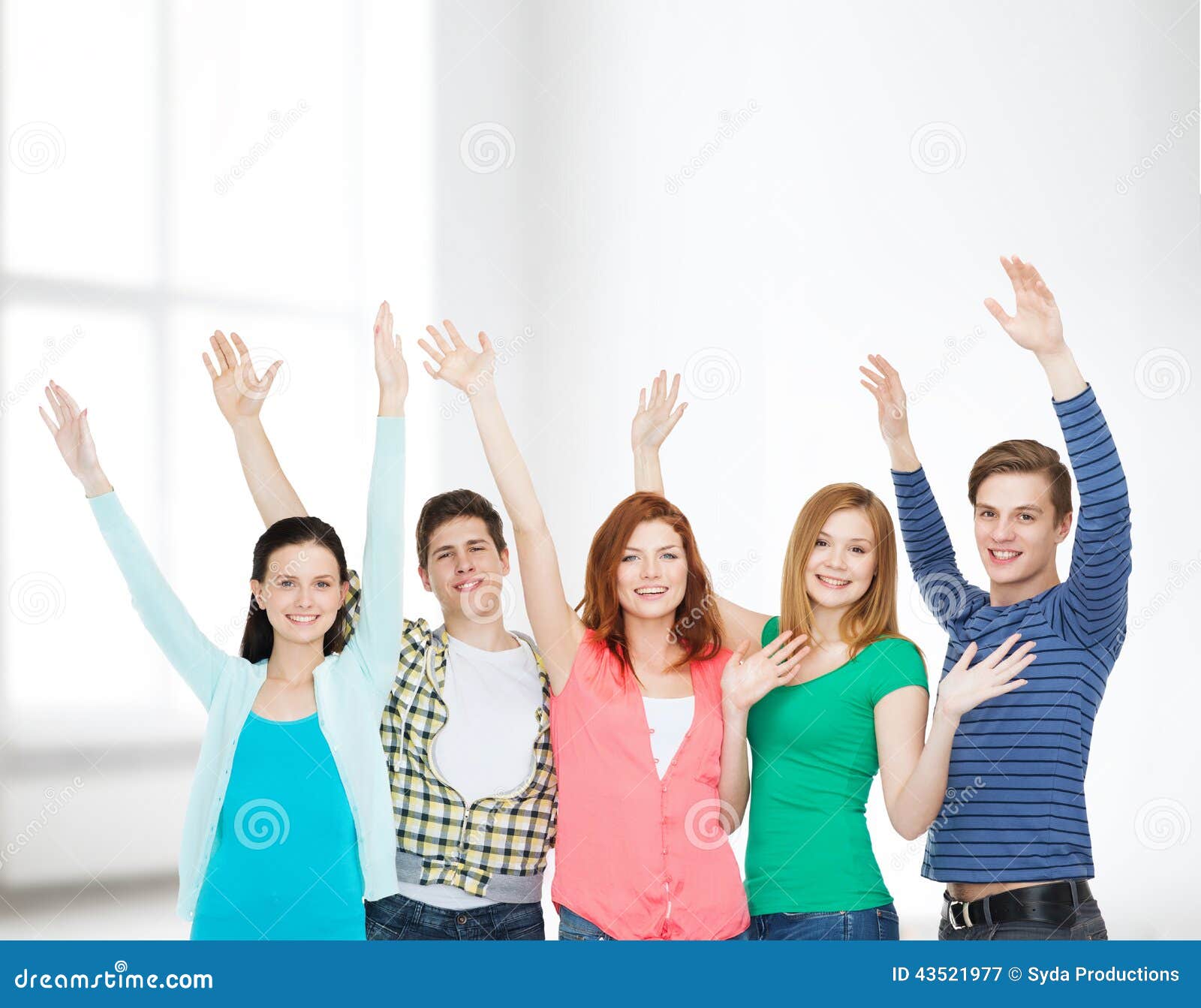 Group of Smiling Students Waving Hands Stock Image - Image of cheerful ...