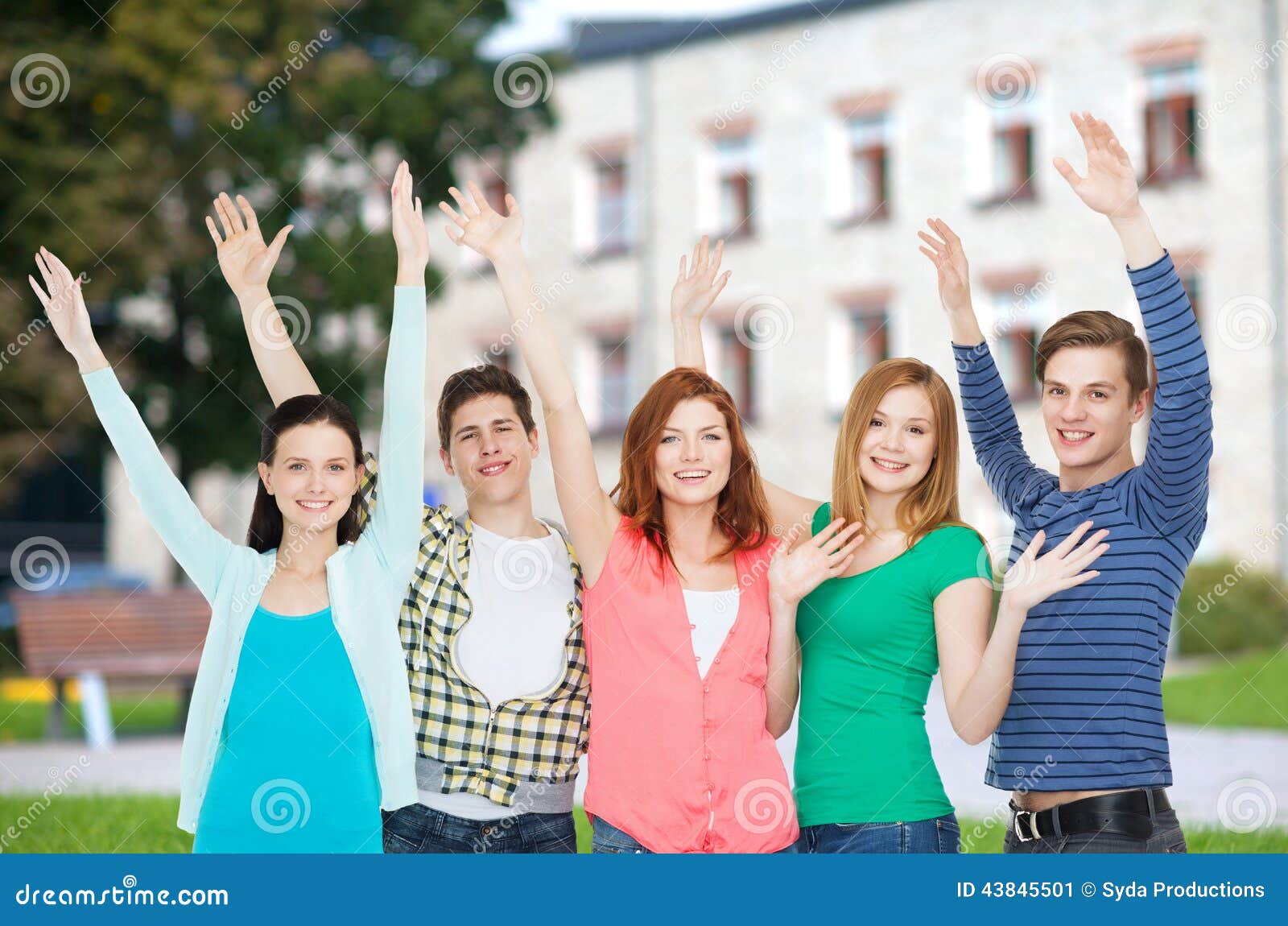 Group of Smiling Students Waving Hands Stock Image - Image of college ...