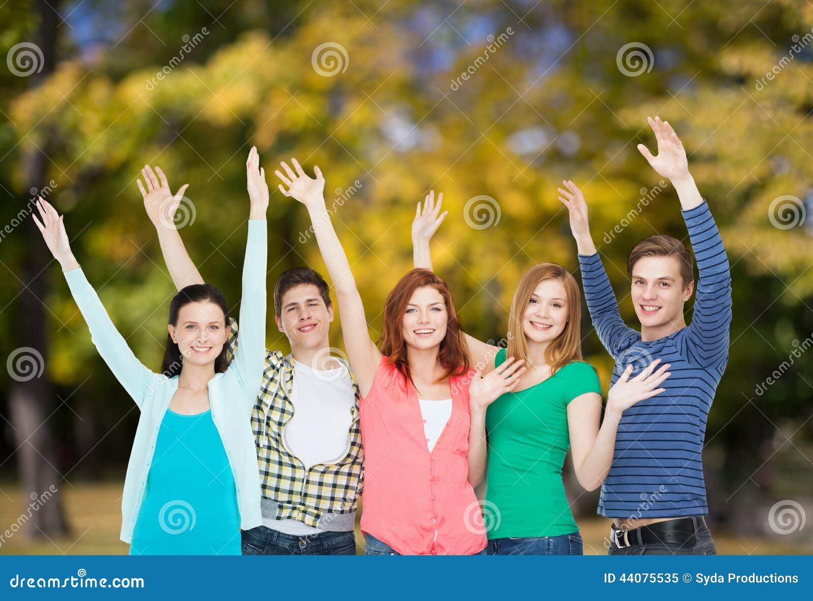 Group of Smiling Students Waving Hands Stock Image - Image of hands ...
