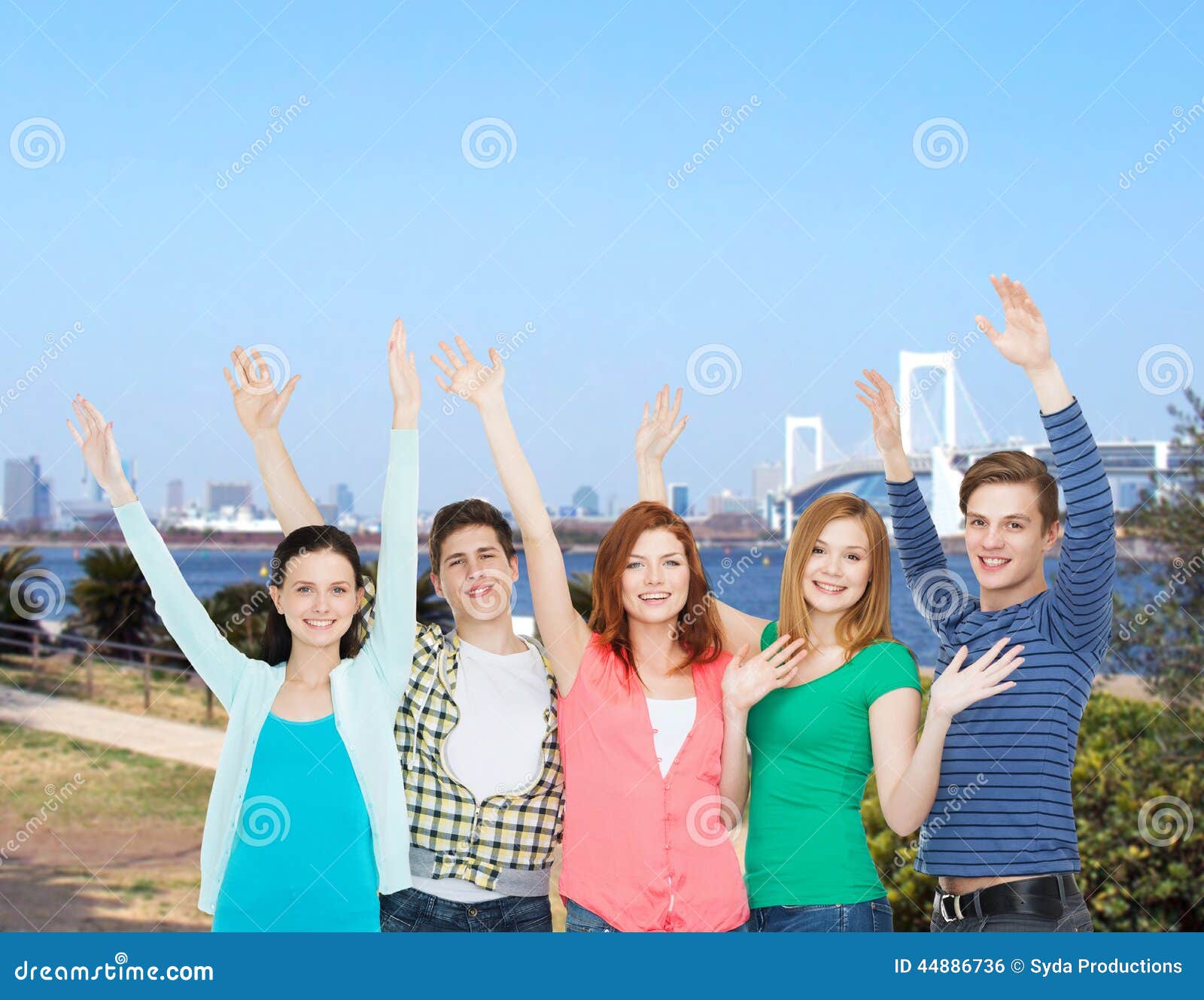 Group of Smiling Students Waving Hands Stock Photo - Image of college ...
