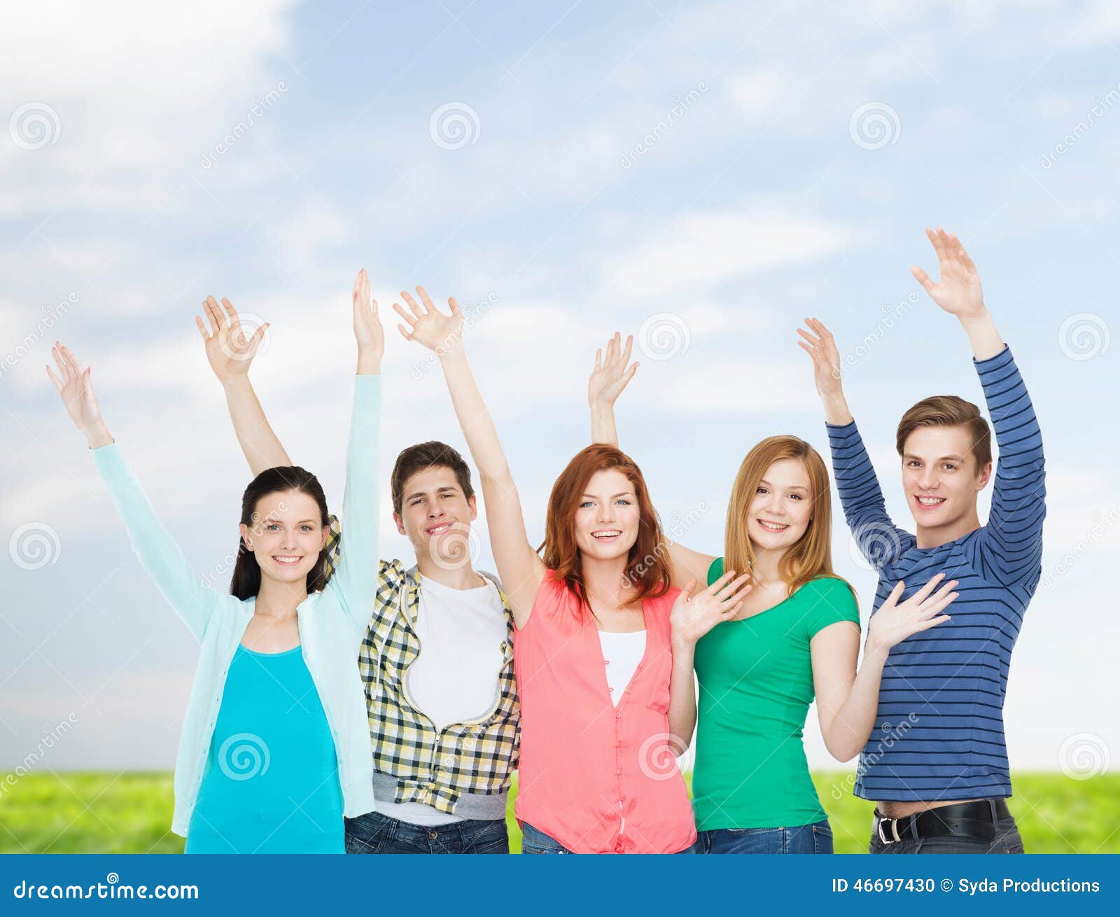 Group of Smiling Students Waving Hands Stock Photo - Image of cheerful ...