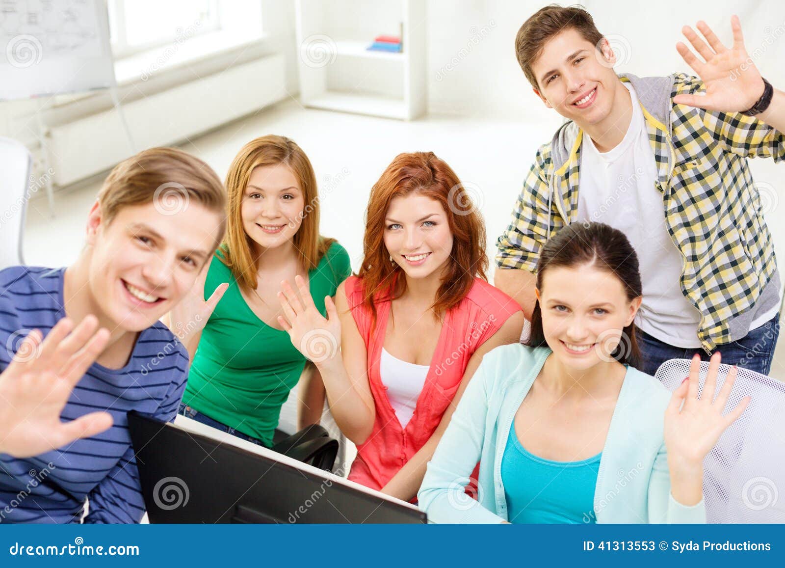 Group of Smiling Students Waving Hands at School Stock Image - Image of ...
