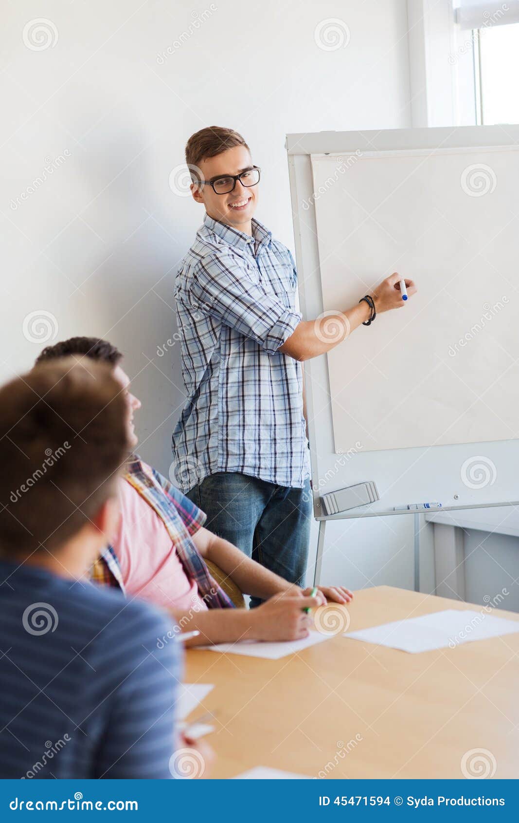 Group of Smiling Students with White Board Stock Photo - Image of blank ...