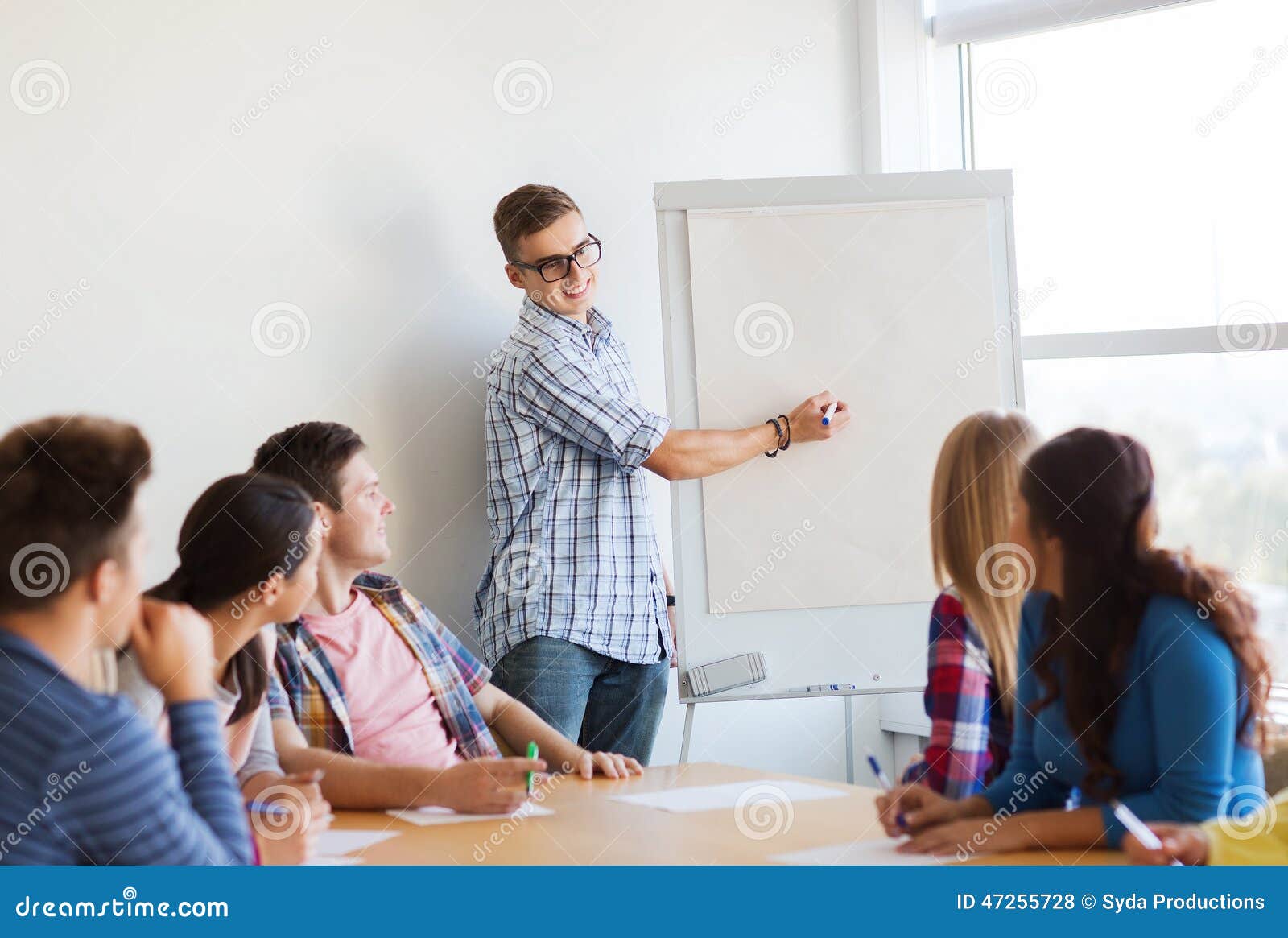 Group of Smiling Students with White Board Stock Photo - Image of ...