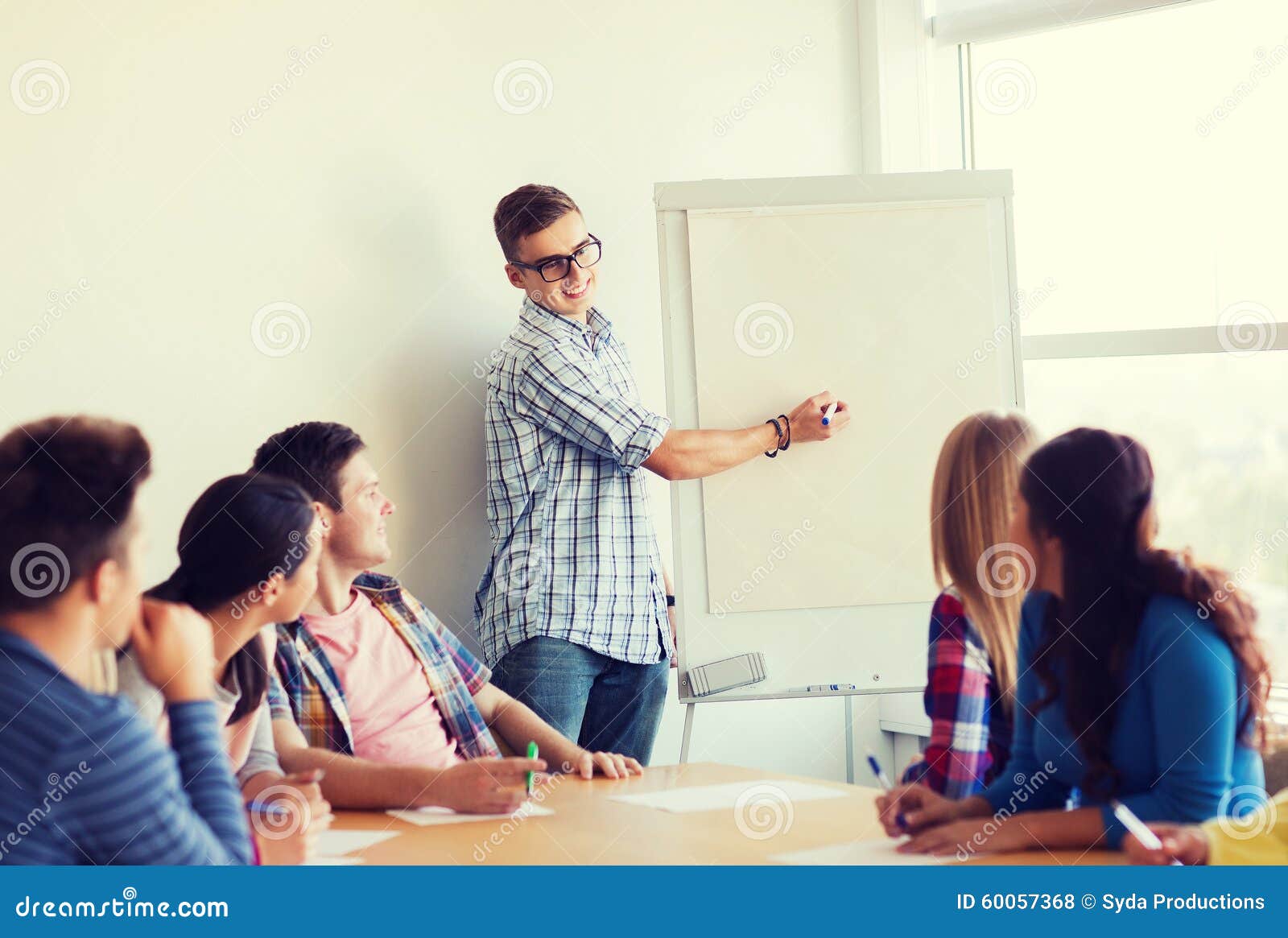 Group of Smiling Students with White Board Stock Photo - Image of ...