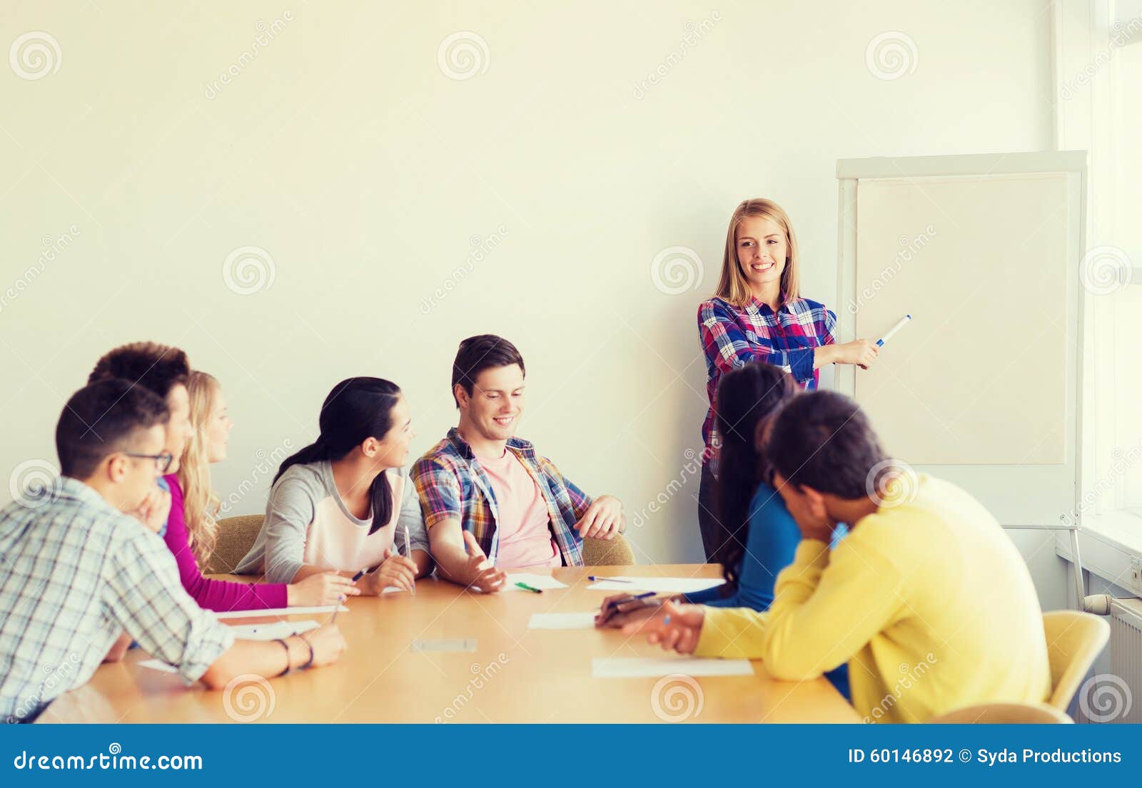 Group of Smiling Students with White Board Stock Photo - Image of ...