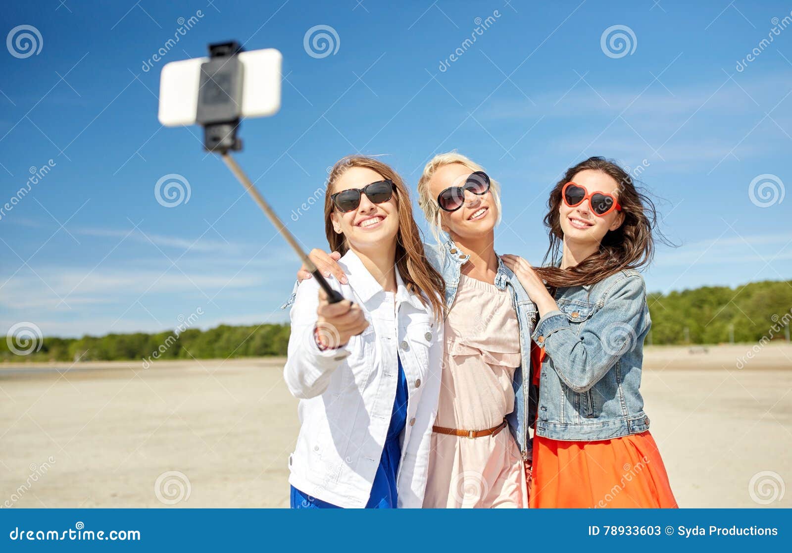 Group Of Smiling Women Taking Selfie On Beach Stock Image Image Of