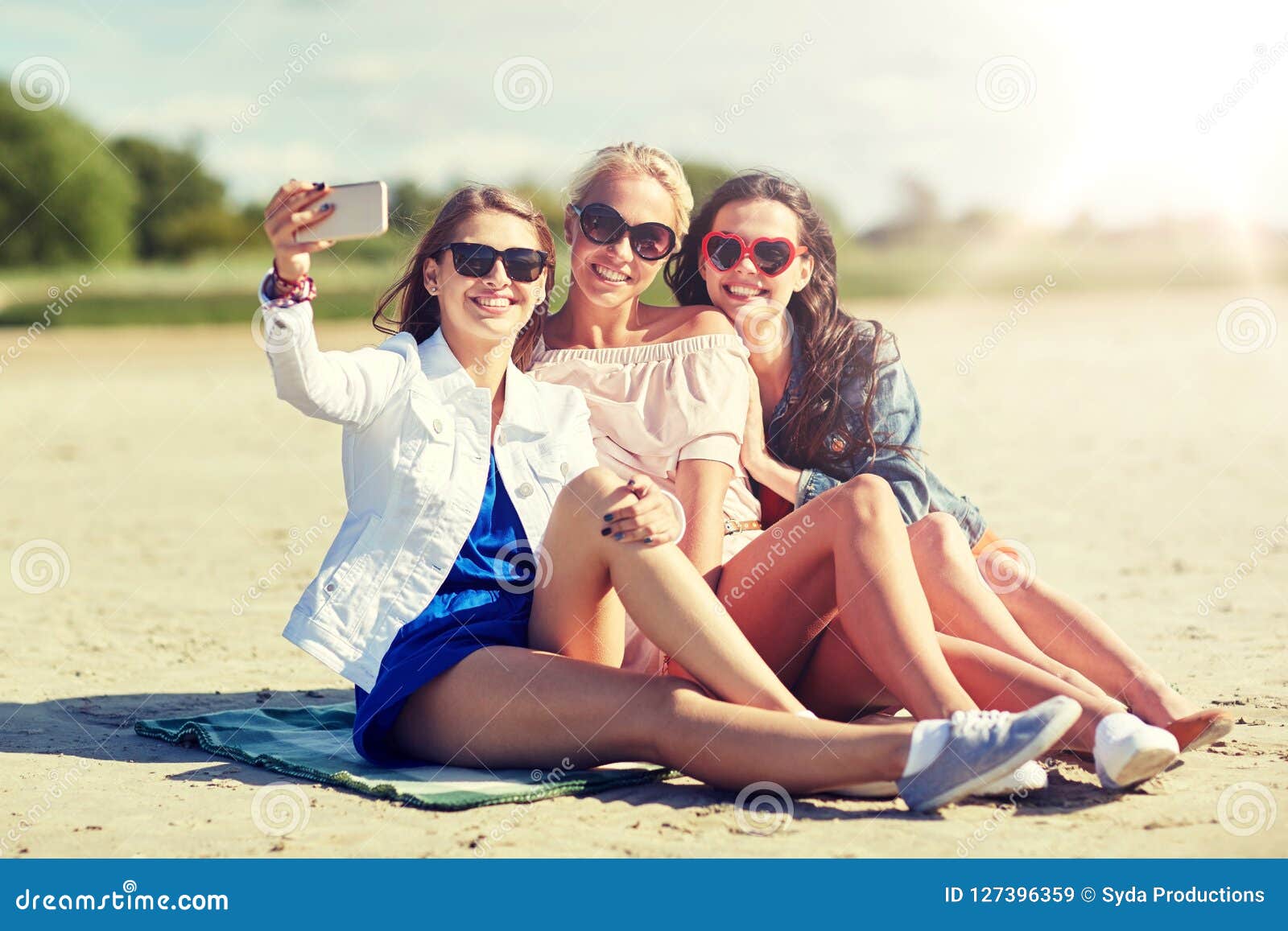 Group Of Smiling Women Taking Selfie On Beach Stock Image Image Of