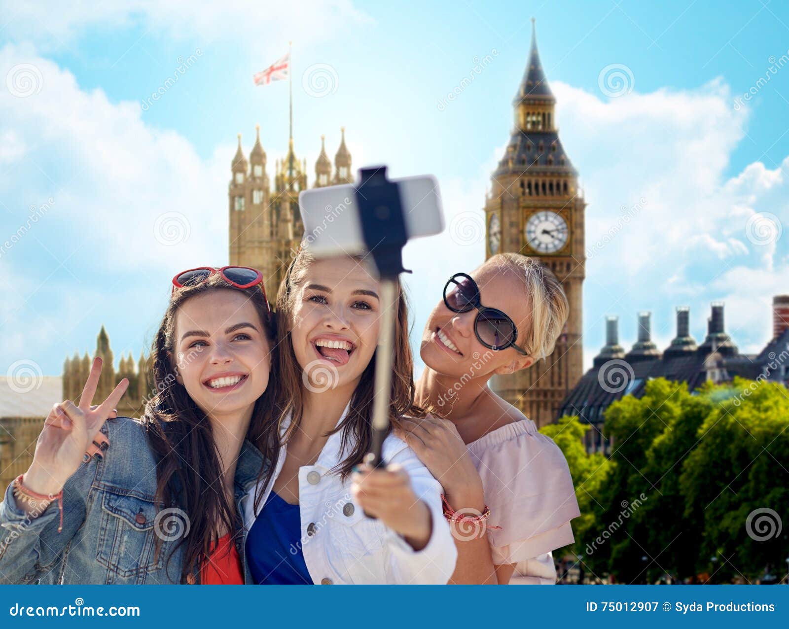 Group Of Smiling Women Taking Selfie In London Stock Image Image Of