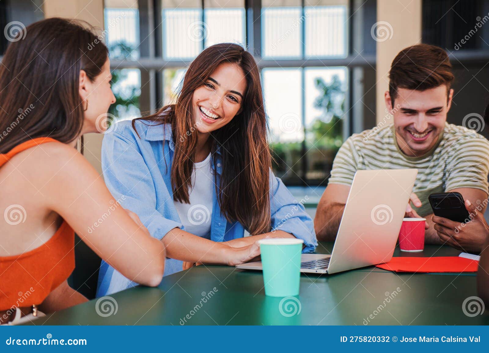 Group of Smiling Young Students Using a Laptop for Research and Do the ...