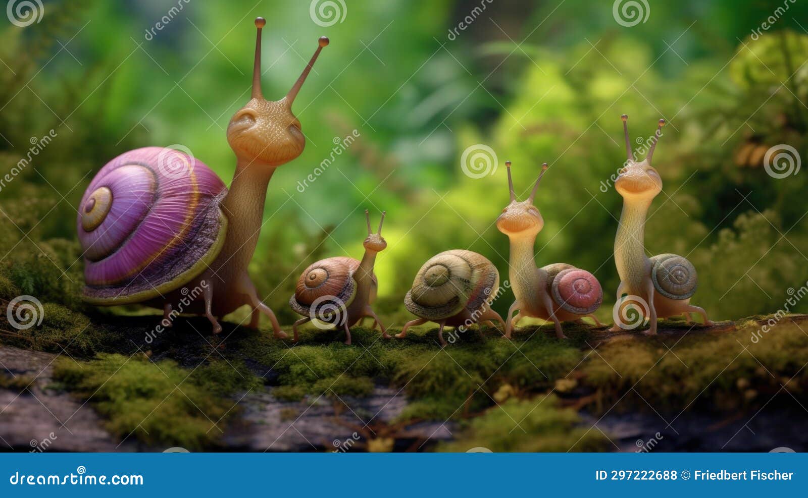 A Group of Snails Sitting on Top of a Moss Covered Ground Stock Photo ...