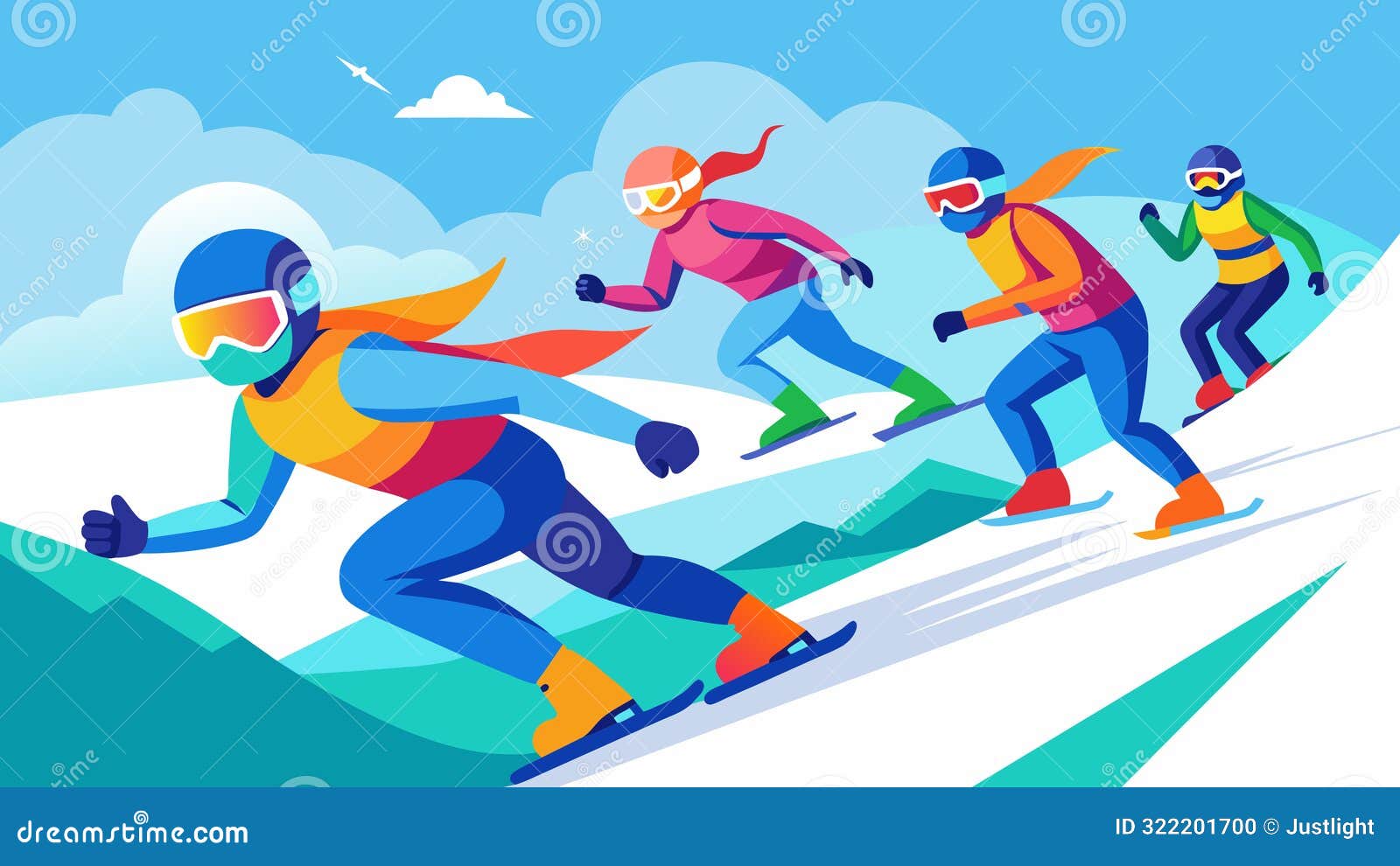 A Group Of Snowboarders In Brightlycolored Gear Racing Each Other Down ...
