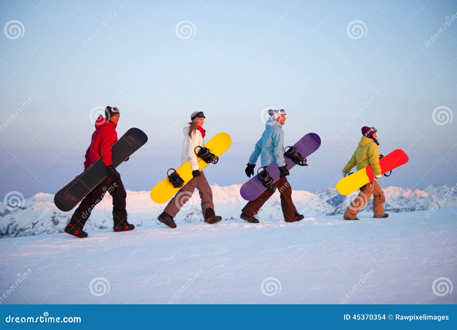 Group of Snowboarders on Top of the Mountain Stock Photo - Image of ...