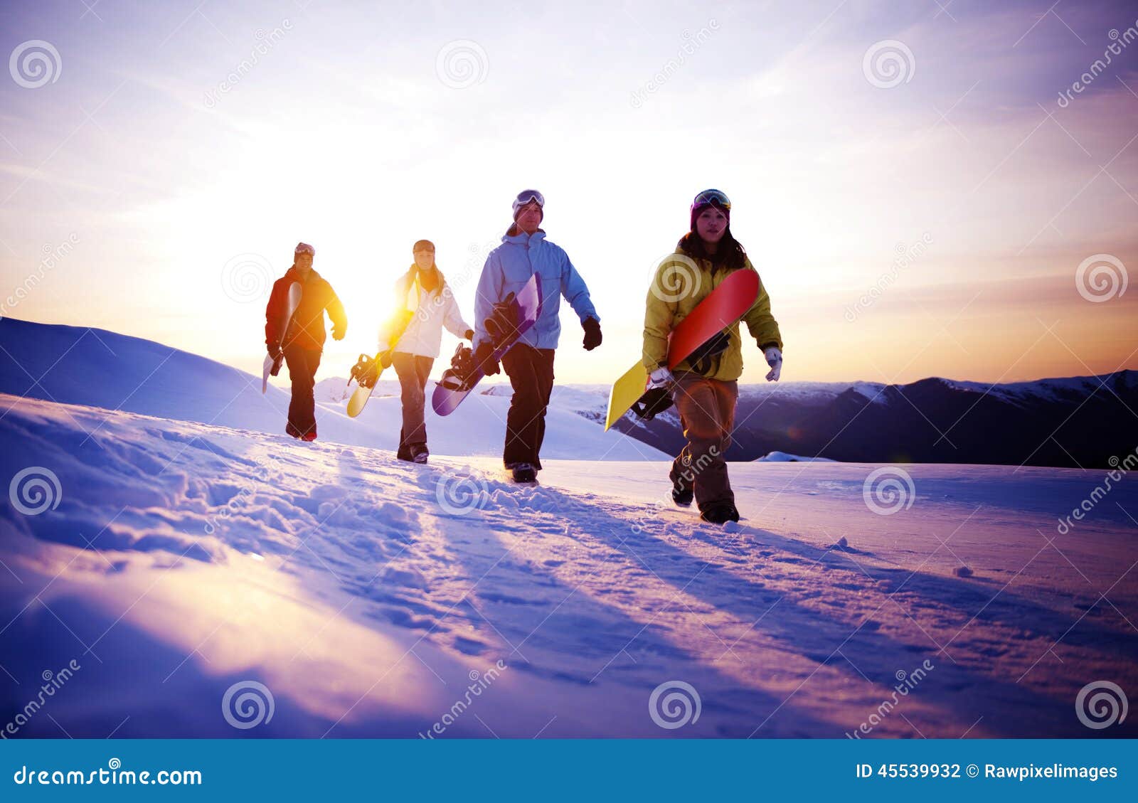 Group of Snowboarders on Top of the Mountain Stock Photo - Image of ...