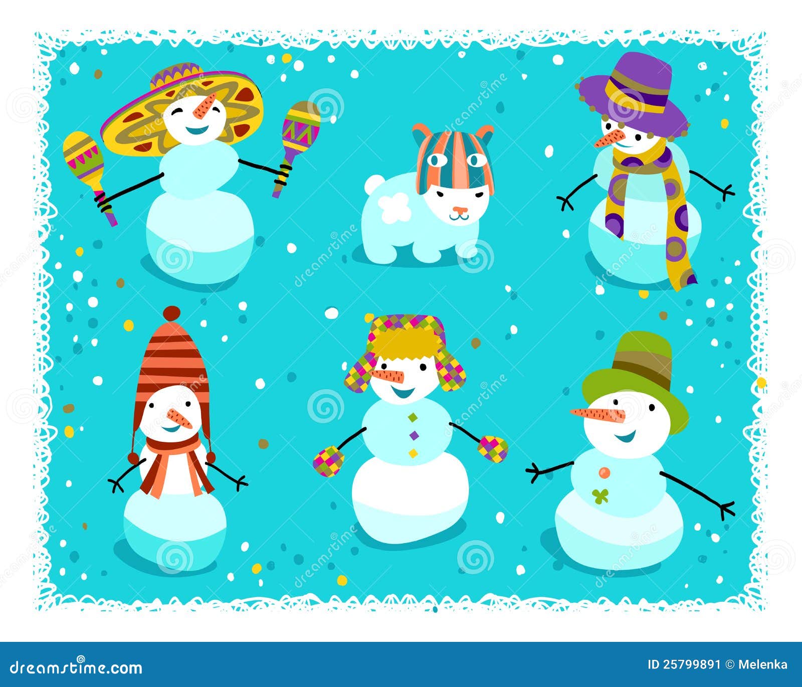 Group of Snowmen with Cute Details Stock Vector - Illustration of frame ...