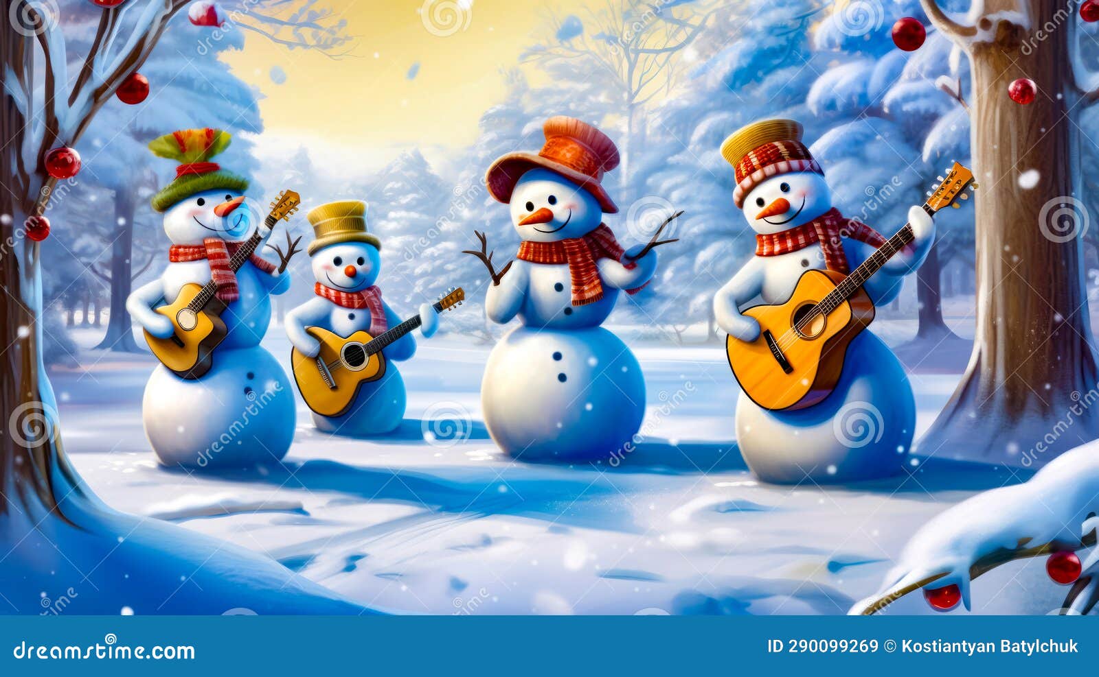 Group of Snowmen with Guitar and Snowman Wearing Hat. Generative AI ...