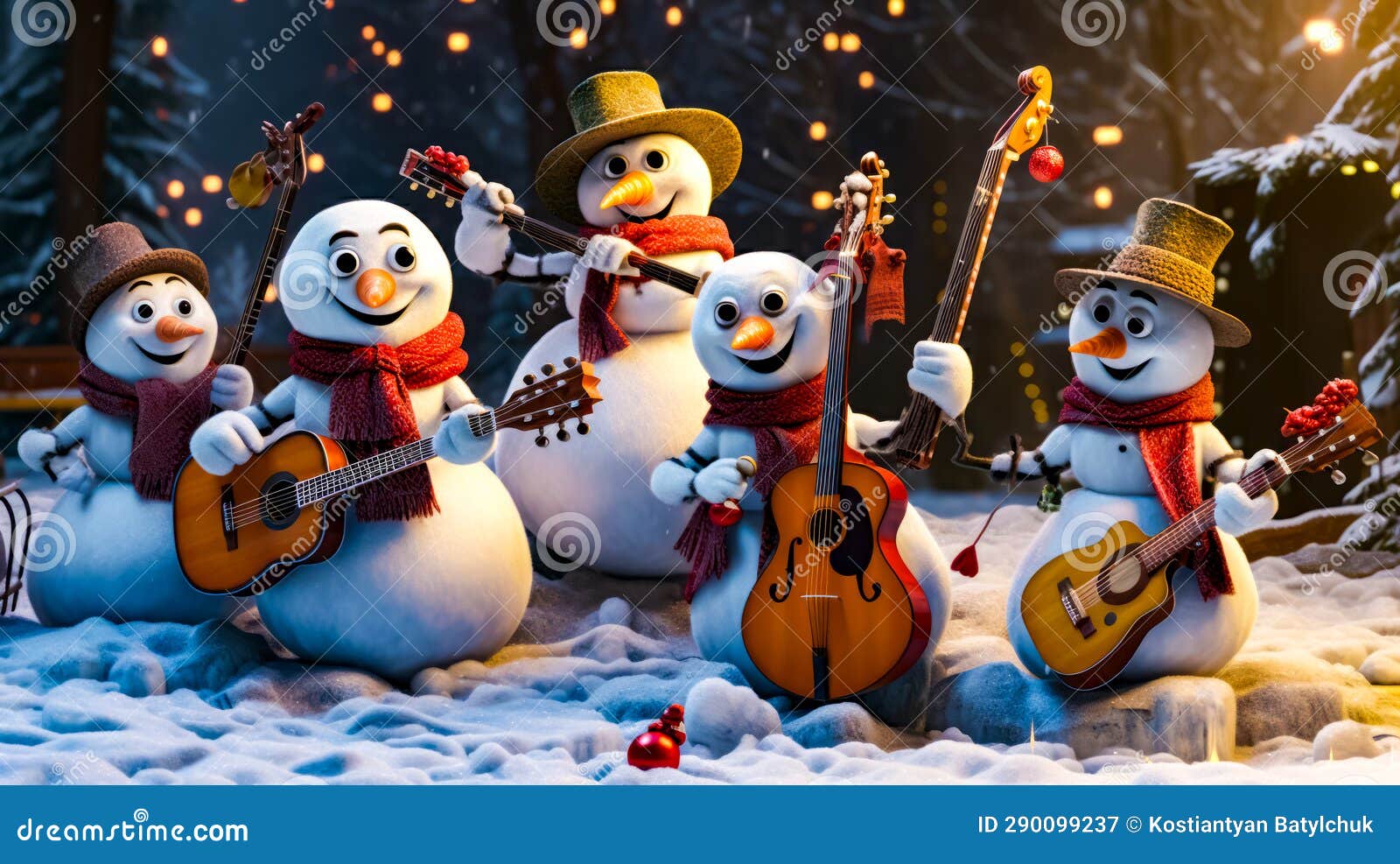 Group of Snowmen with Instruments and Snowman with Violin. Generative ...