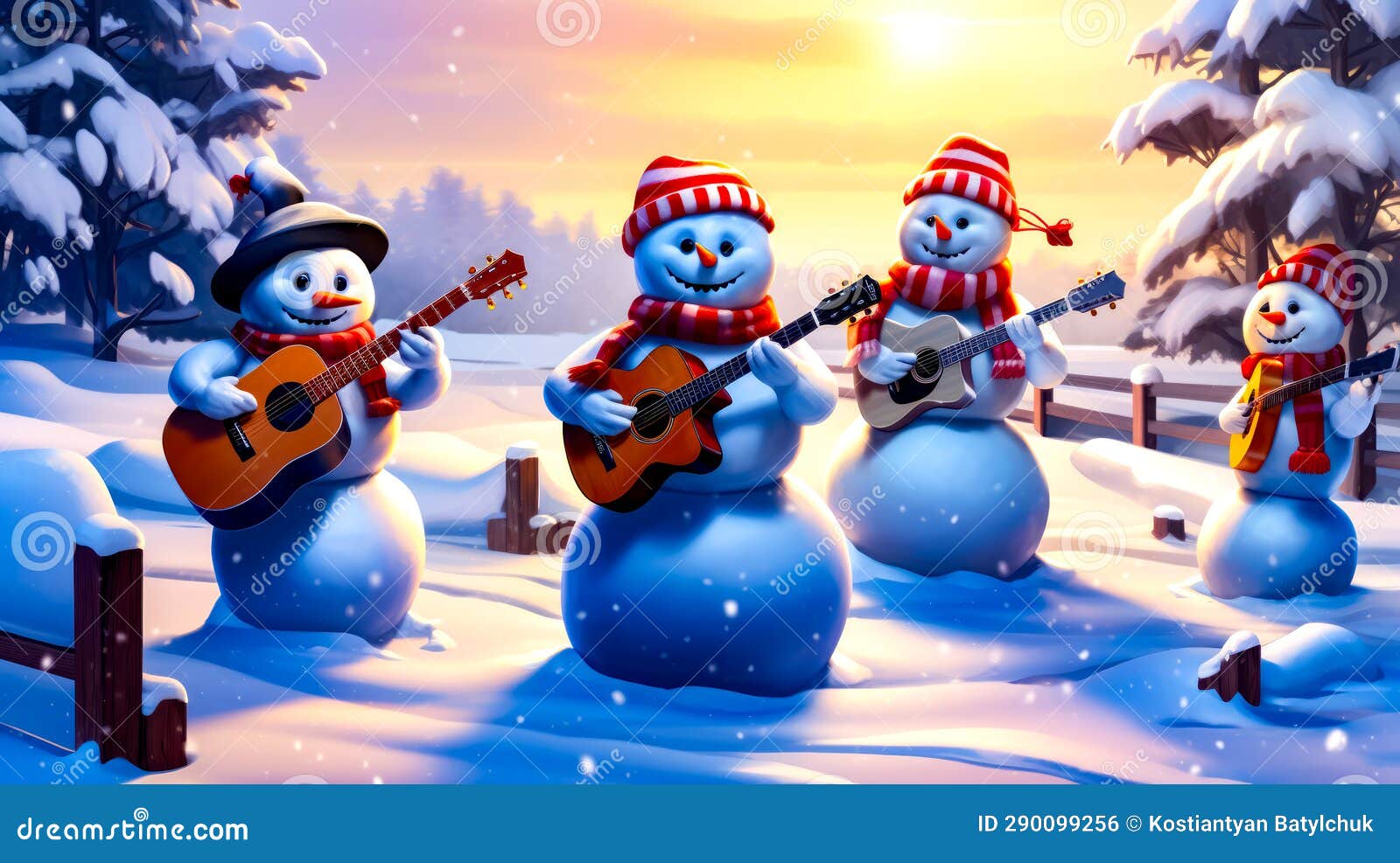 Group of Snowmen Playing Guitars and Singing in the Snow with Sunset in ...