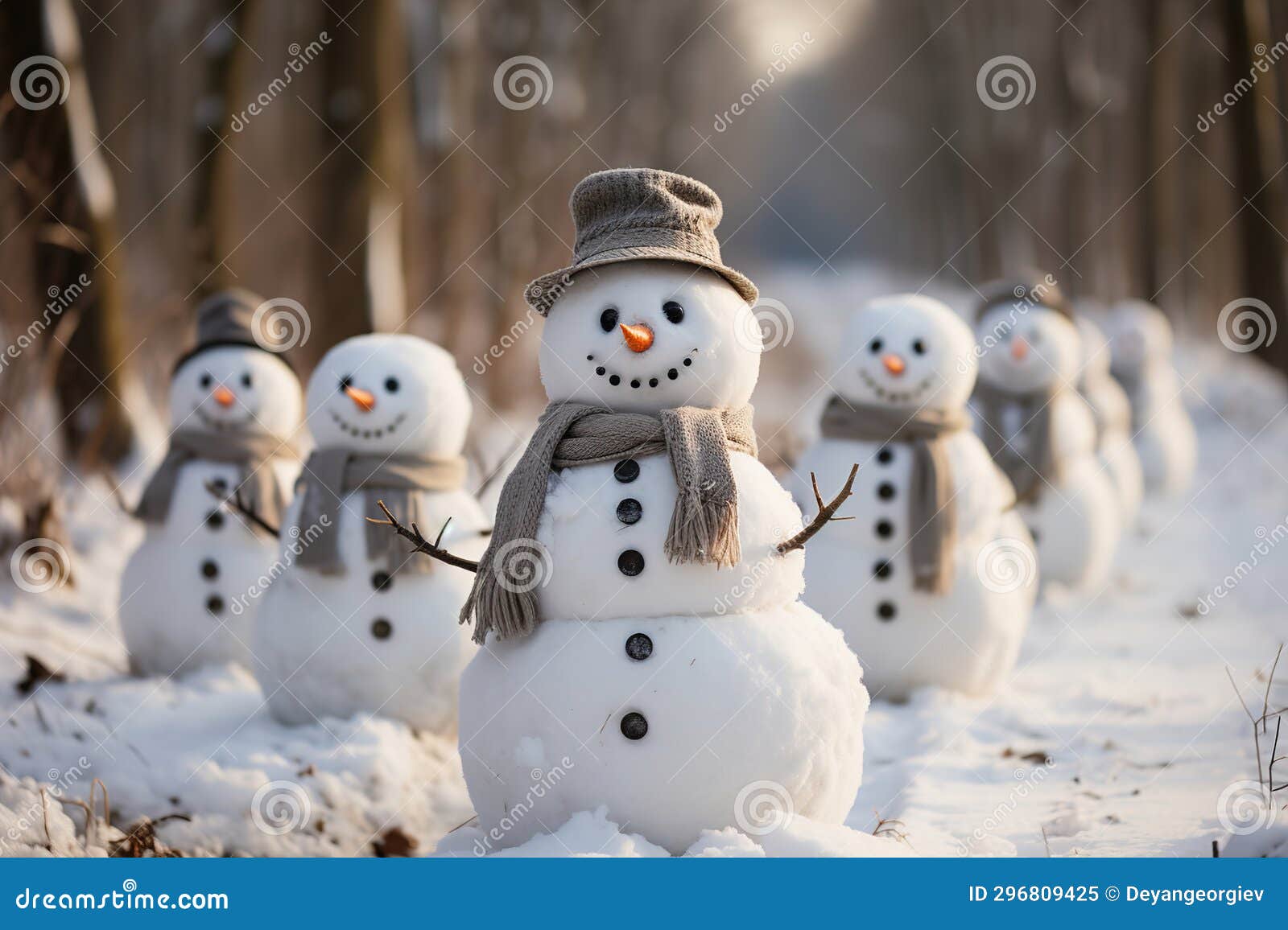 A Group of Snowmen Standing in the Snow Stock Illustration ...