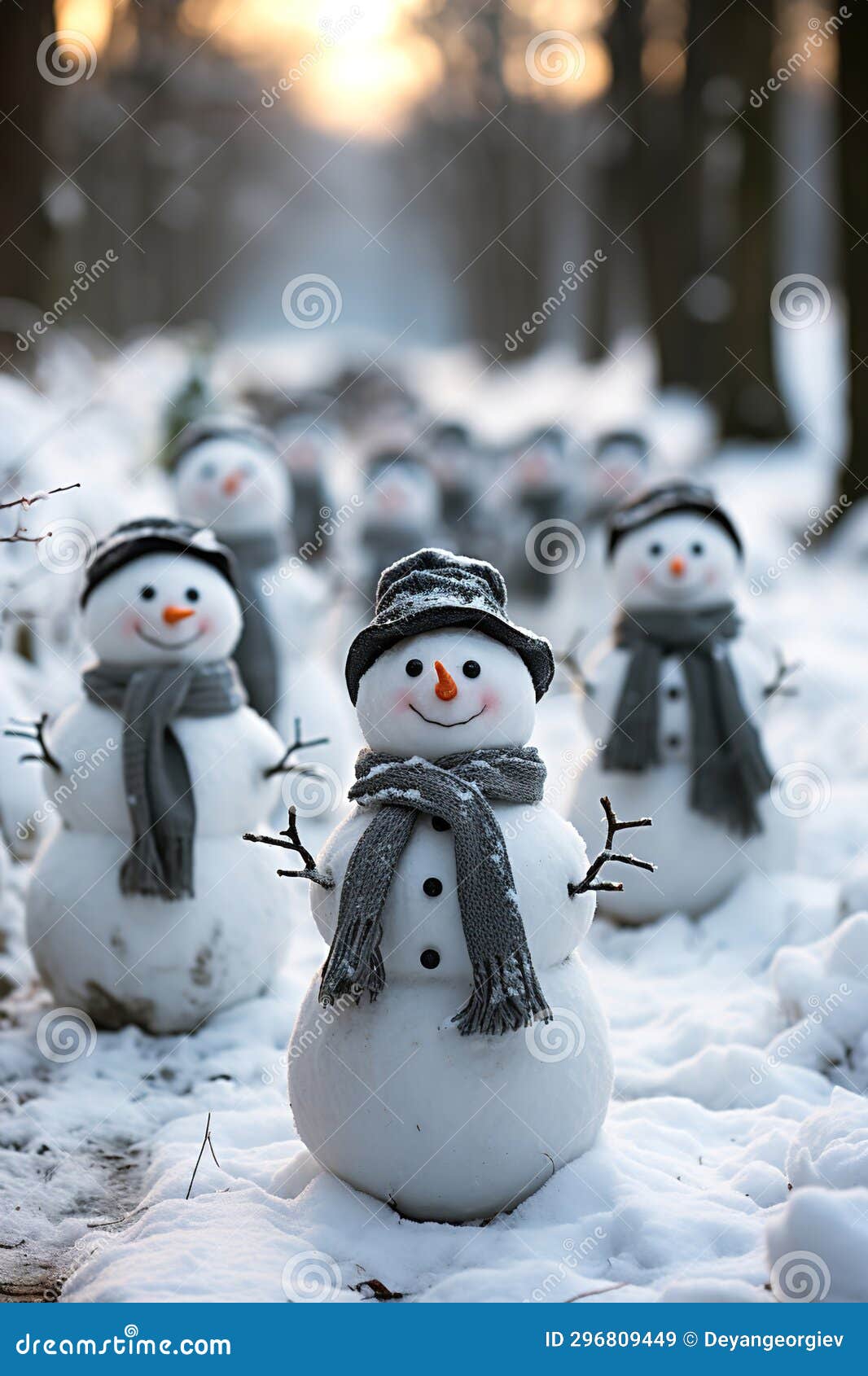 A Group of Snowmen Standing in the Snow Stock Illustration ...