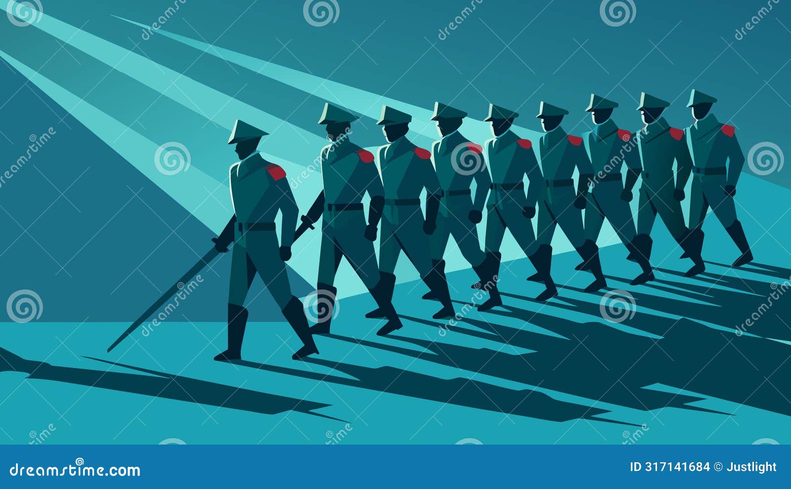 A Group of Soldiers March in Formation Their Long Shadows Stretching ...