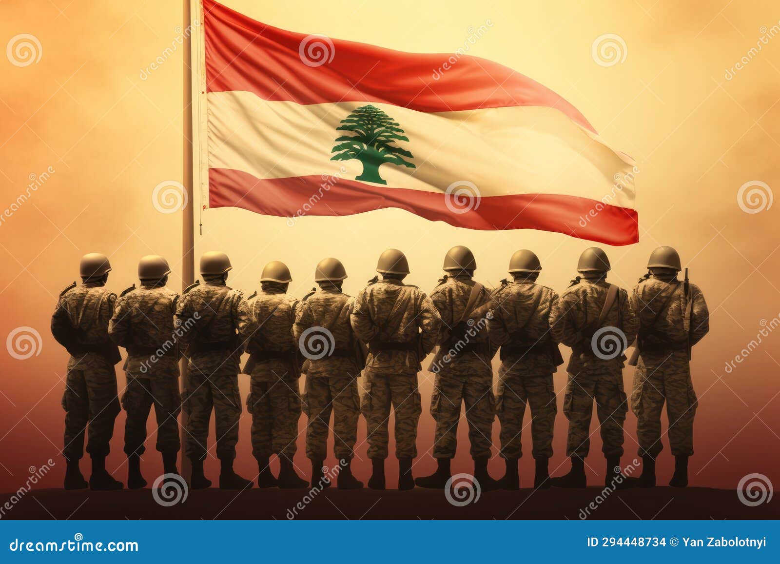 A Group of Soldiers, Stand Backwards, Front of an Lebanon Flag Stock ...