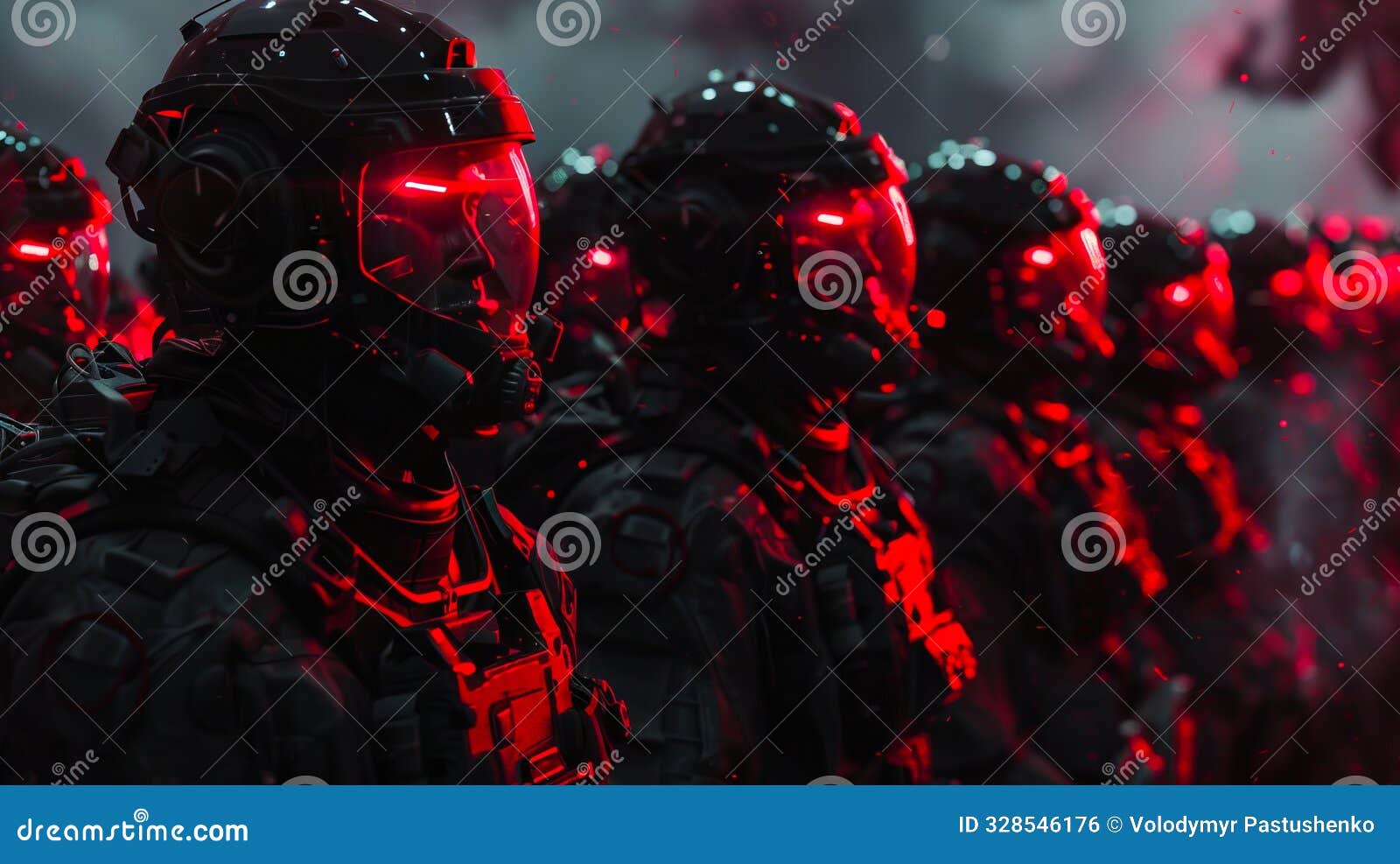 A Group of Soldiers Standing in a Line with Red Lights Stock Photo ...