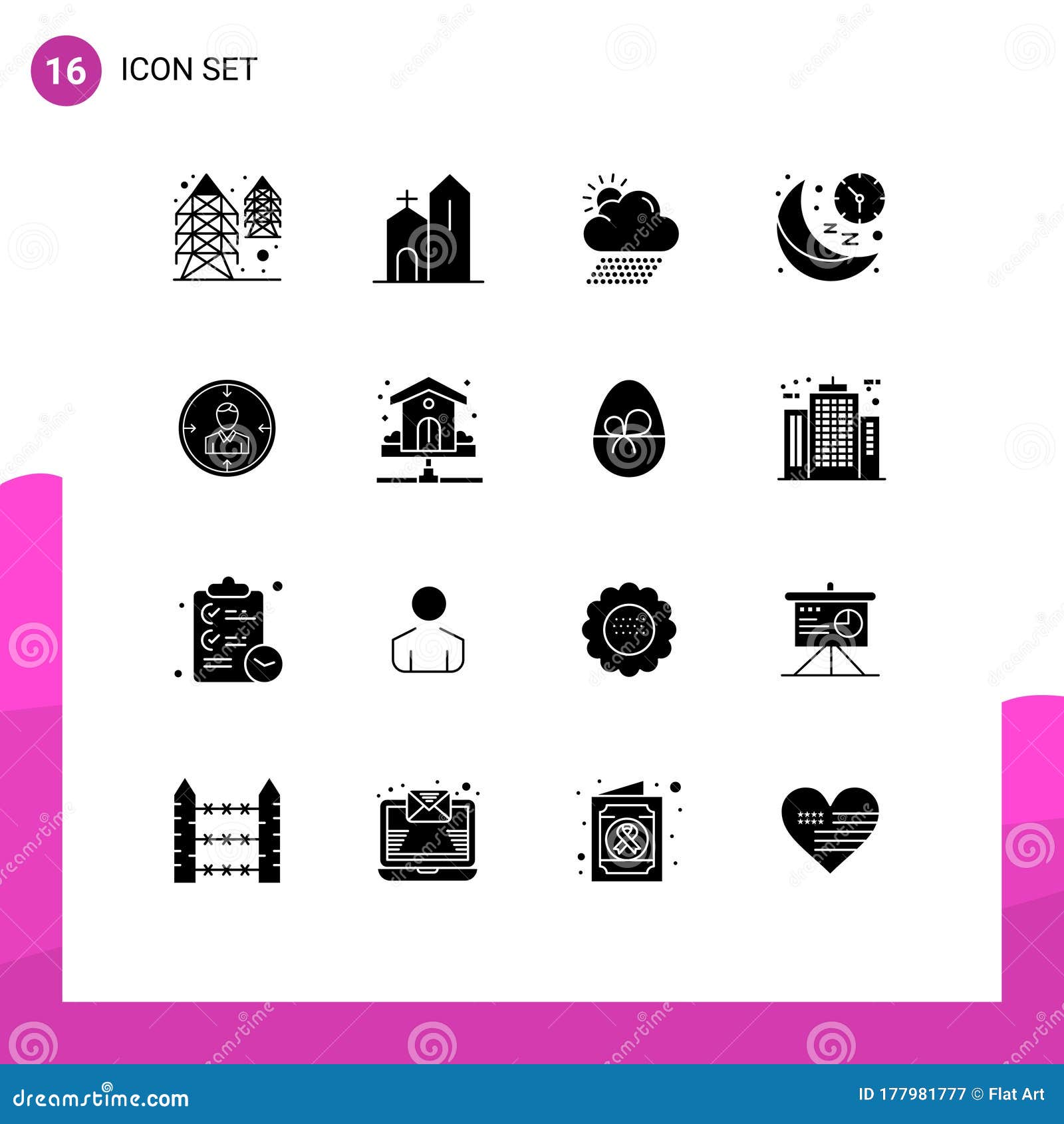 Group of 16 Solid Glyphs Signs and Symbols for Time, Moon, Monastery ...