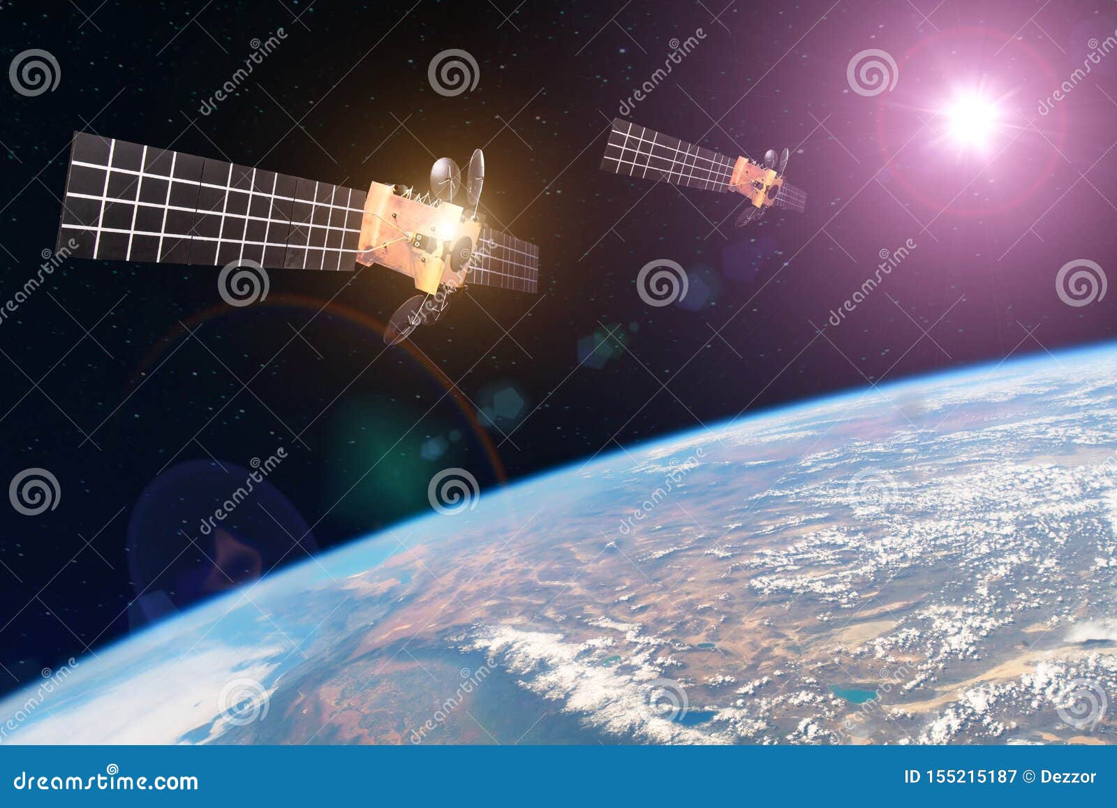 Group Space Satellite Orbiting the Earth and Bright Lights Sun ...