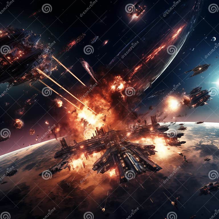 A Group of Space Ships Exploding into the Distance, with Other ...