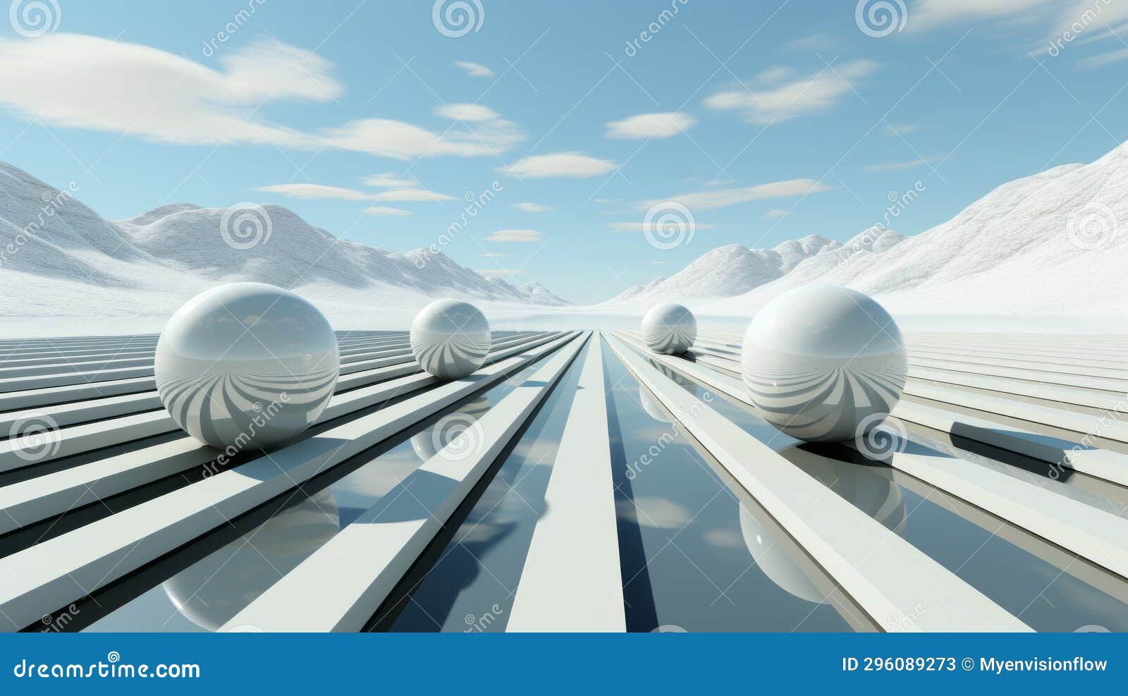 A Group of Spheres on a Surface with Mountains in the Background Stock ...