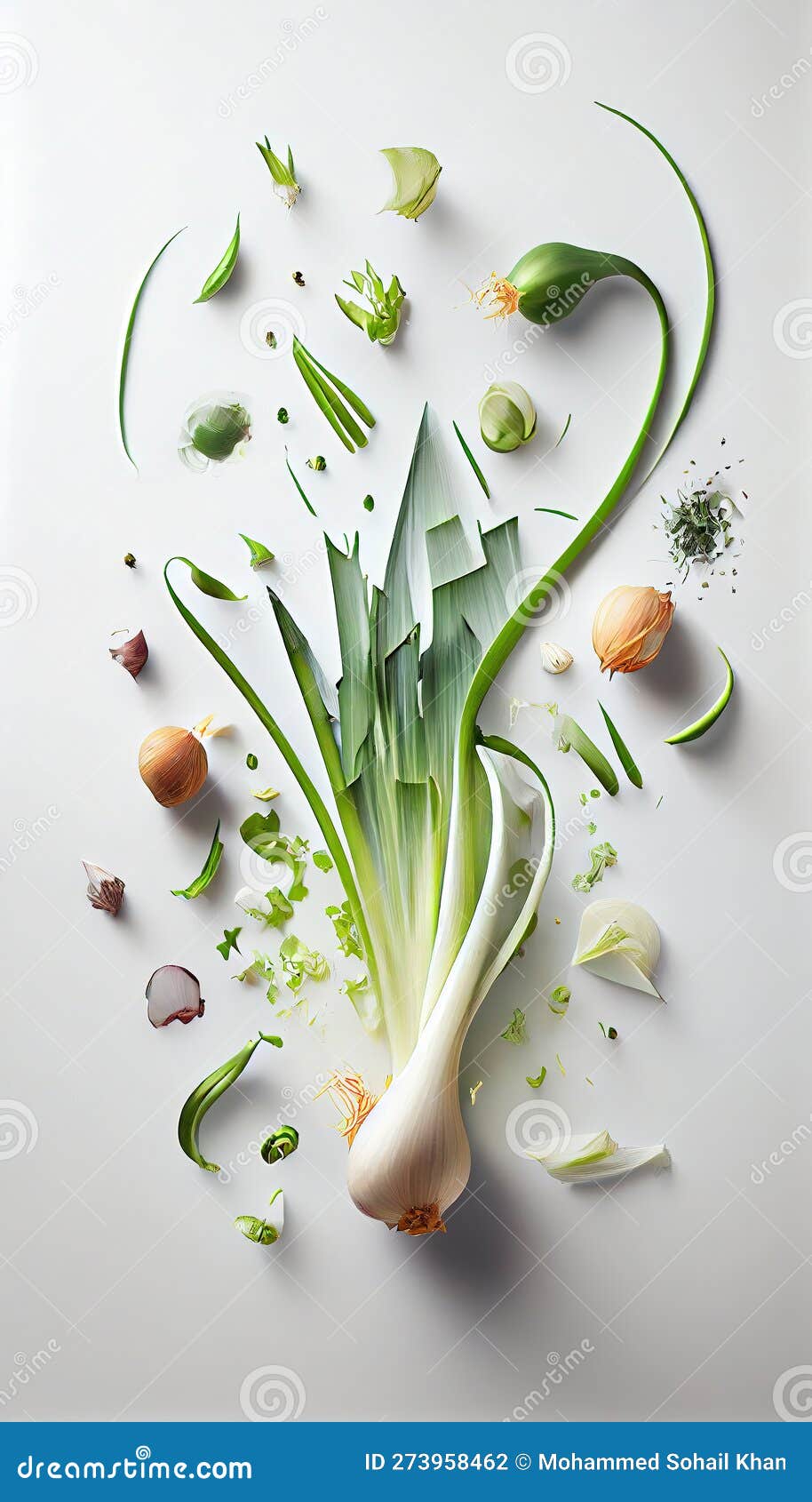 Group of Spring Onion Vegetable Creatively Falling-Dripping Flying or ...