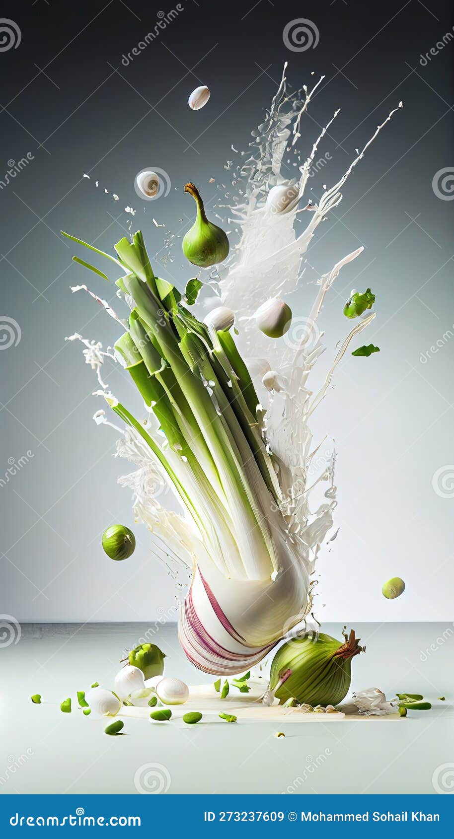Group of Spring Onions Vegetable Creatively Falling-Dripping Flying or ...