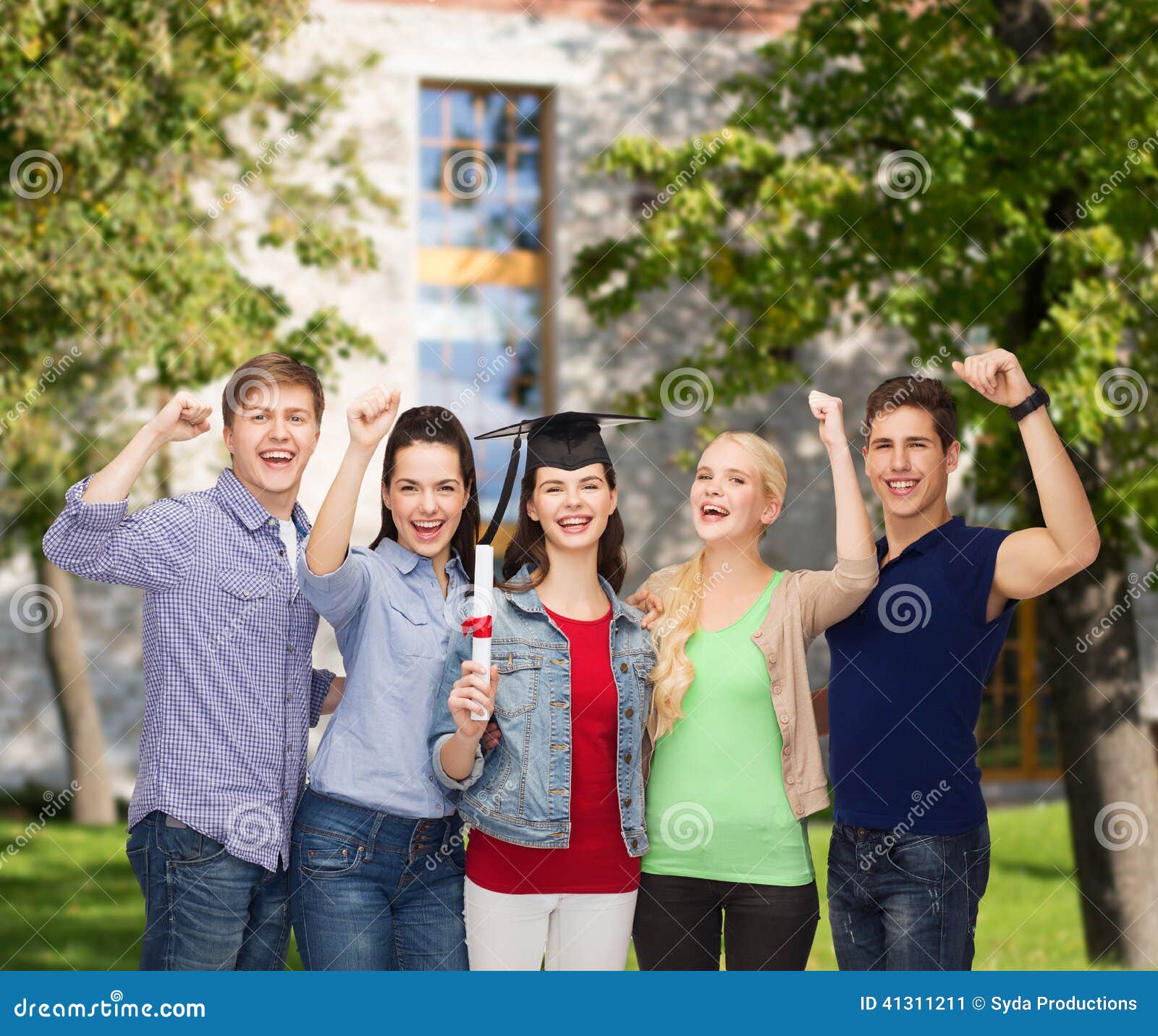Group of Standing Smiling Students with Diploma Stock Image - Image of ...