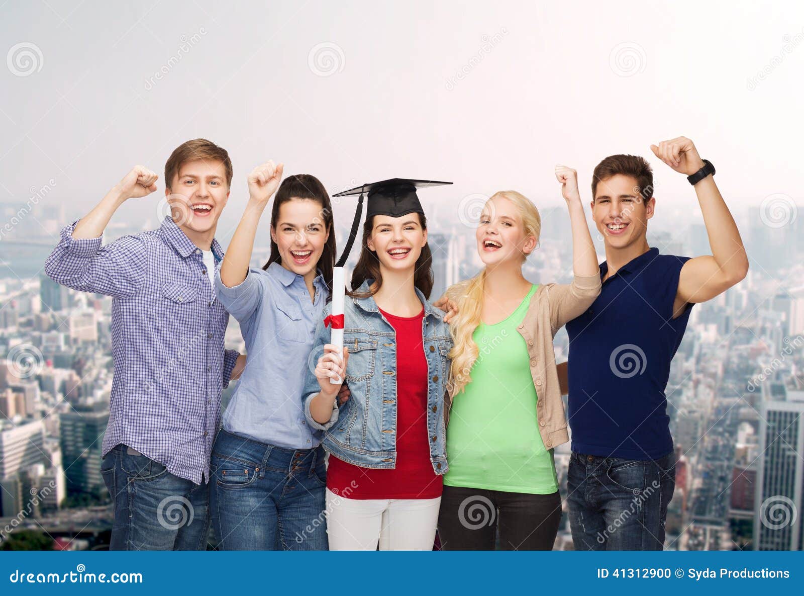 Group of Standing Smiling Students with Diploma Stock Photo - Image of ...