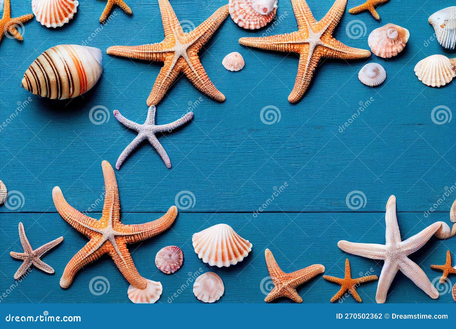 A Group Of Starfish And Other Sea Shells On A Blue Surface With A Blue ...