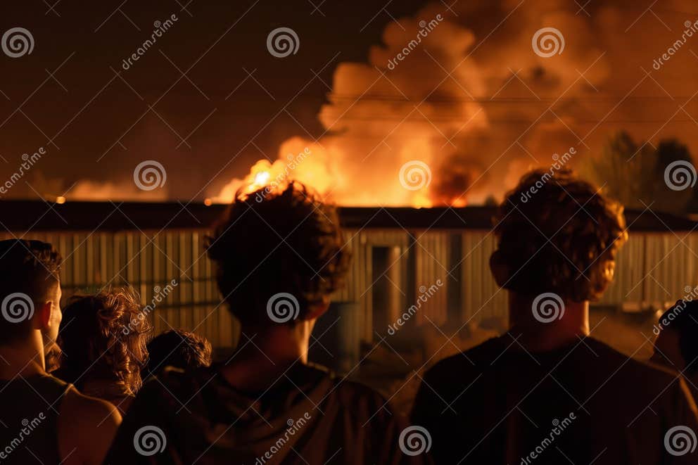 Group Staring at Distant Warehouse Consumed by Fire Stock Photo - Image ...